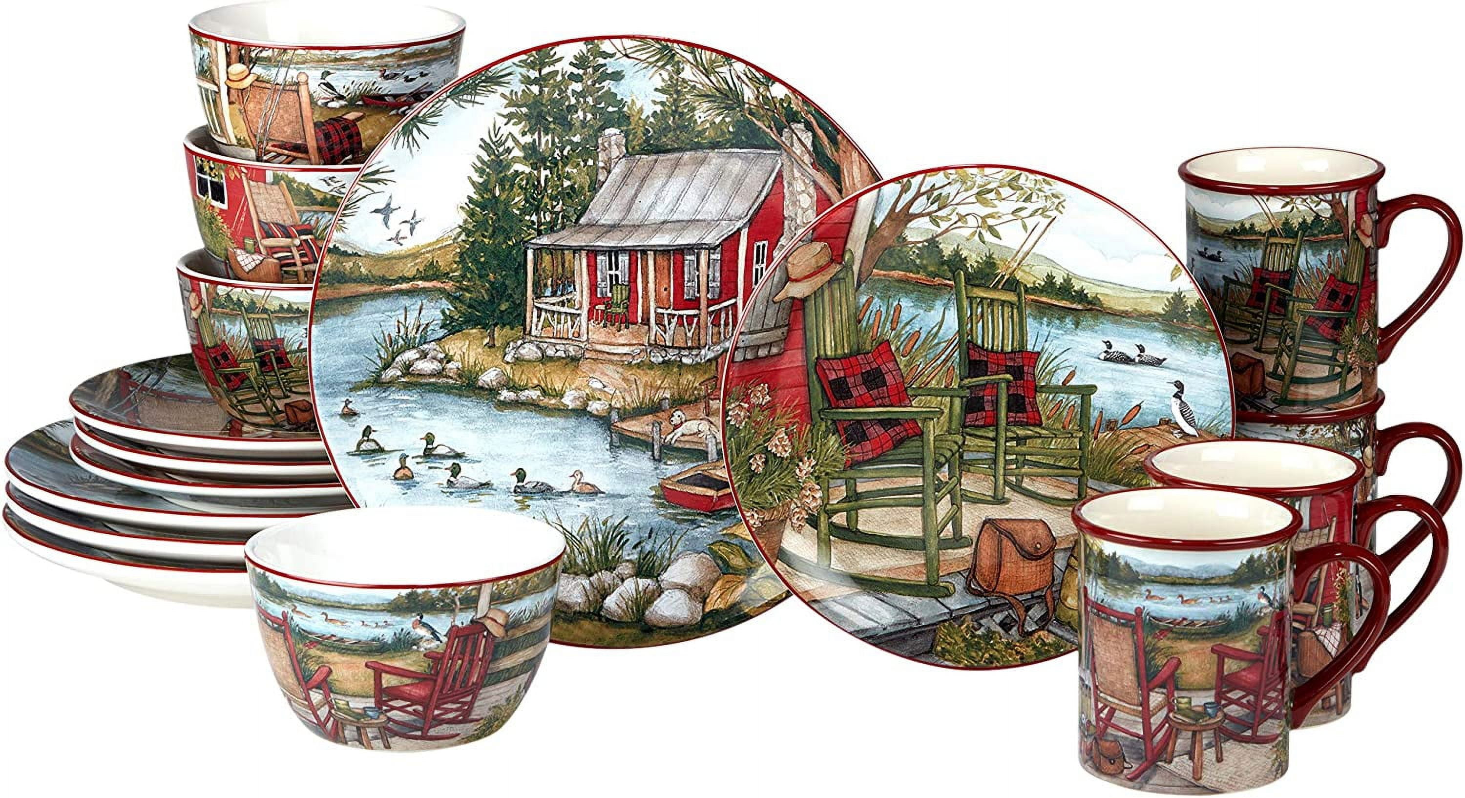 16-Piece Lake-Themed Dinnerware Set for 4, Porcelain Plates, Bowls ...
