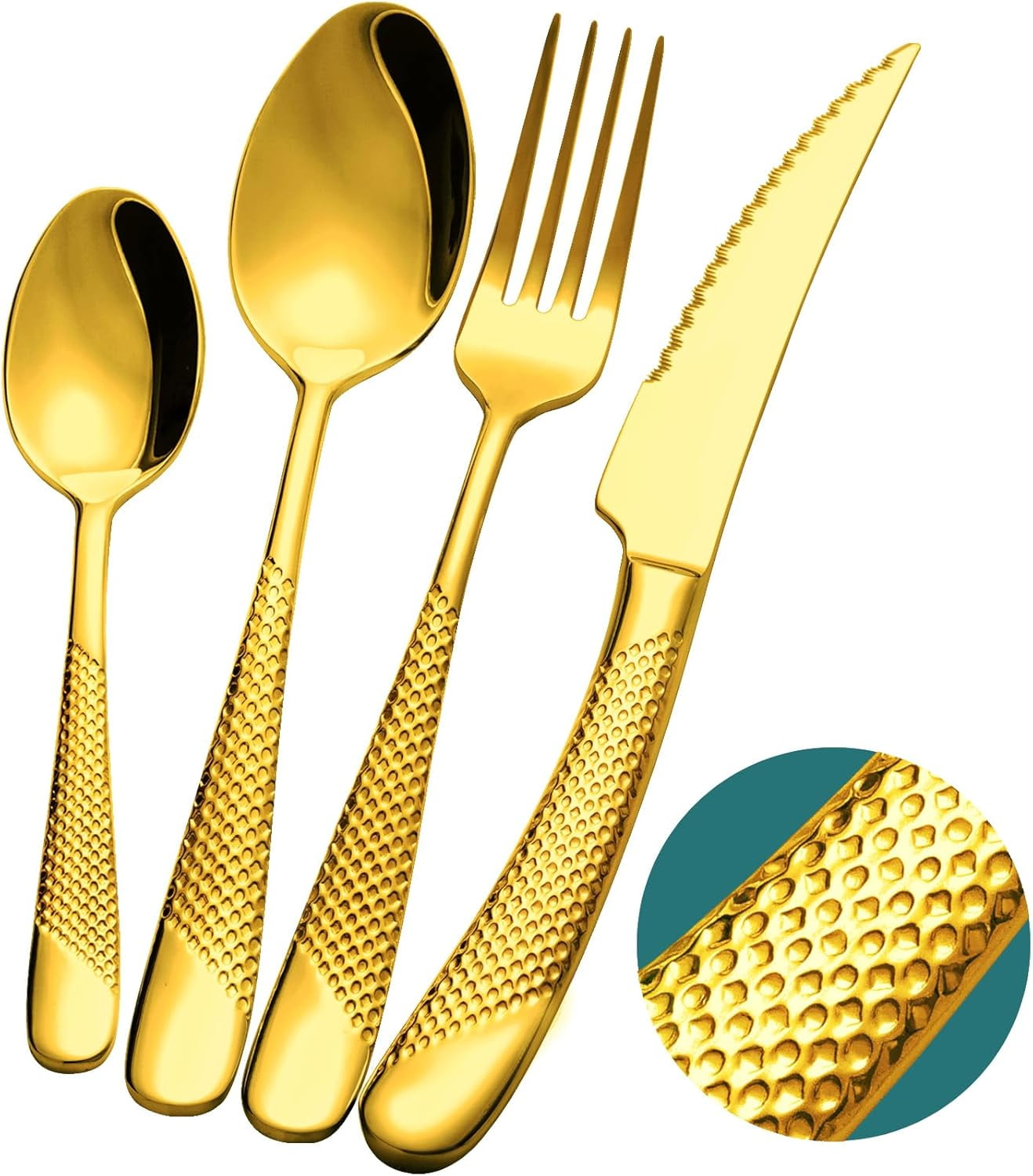 16-Piece Luxury Gold Hammered Silverware Set with Ultra Sharp 2-IN-1 ...