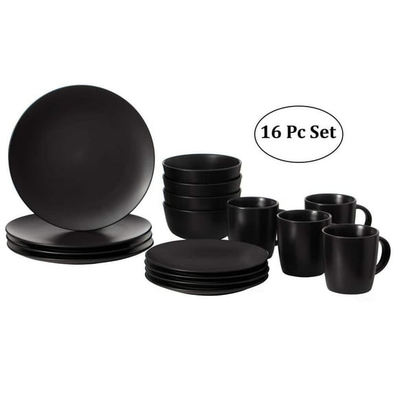 16-Piece Matte Black Dinnerware Dish Set for 4 Person Mugs, Salad and ...