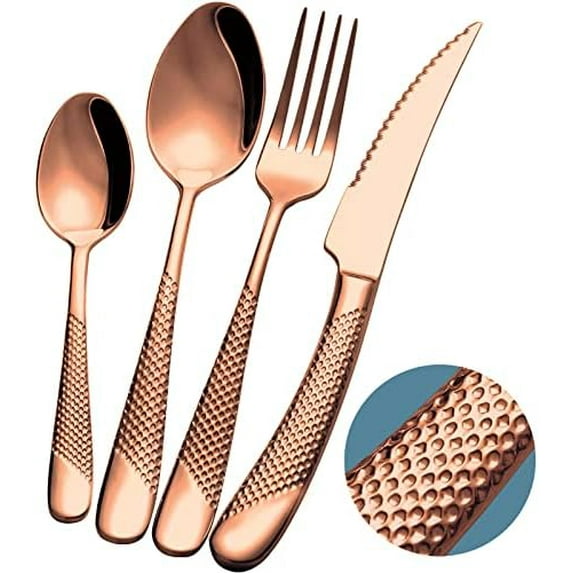 16-Piece Modern Copper Hammered Silverware Set with Ultra Sharp 2-IN-1 ...
