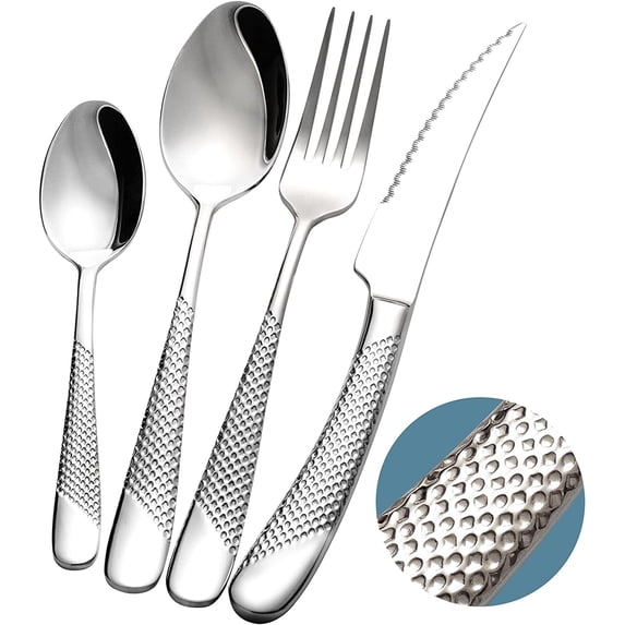 16-Piece Modern Hammered Cutlery Set with Ultra Sharp 2-in-1 Serrated ...