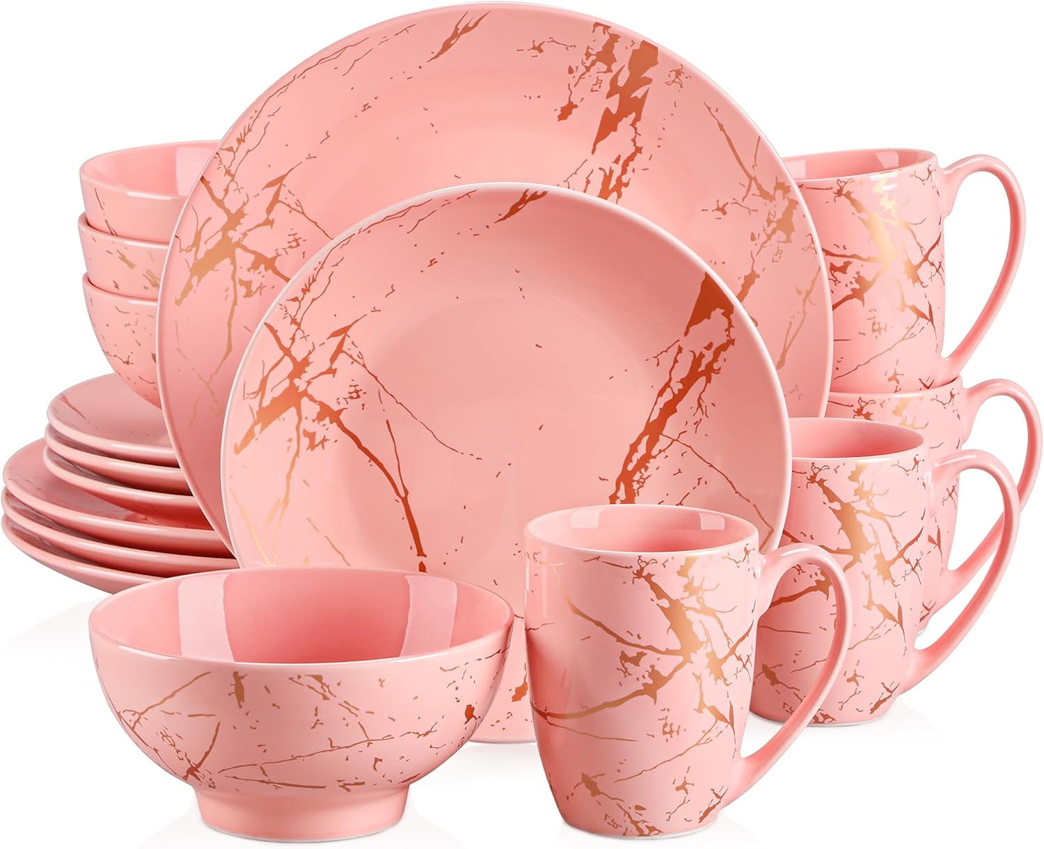16 Piece Pink Dinnerware Sets for 4, Porcelain Dish Set with Plates and ...