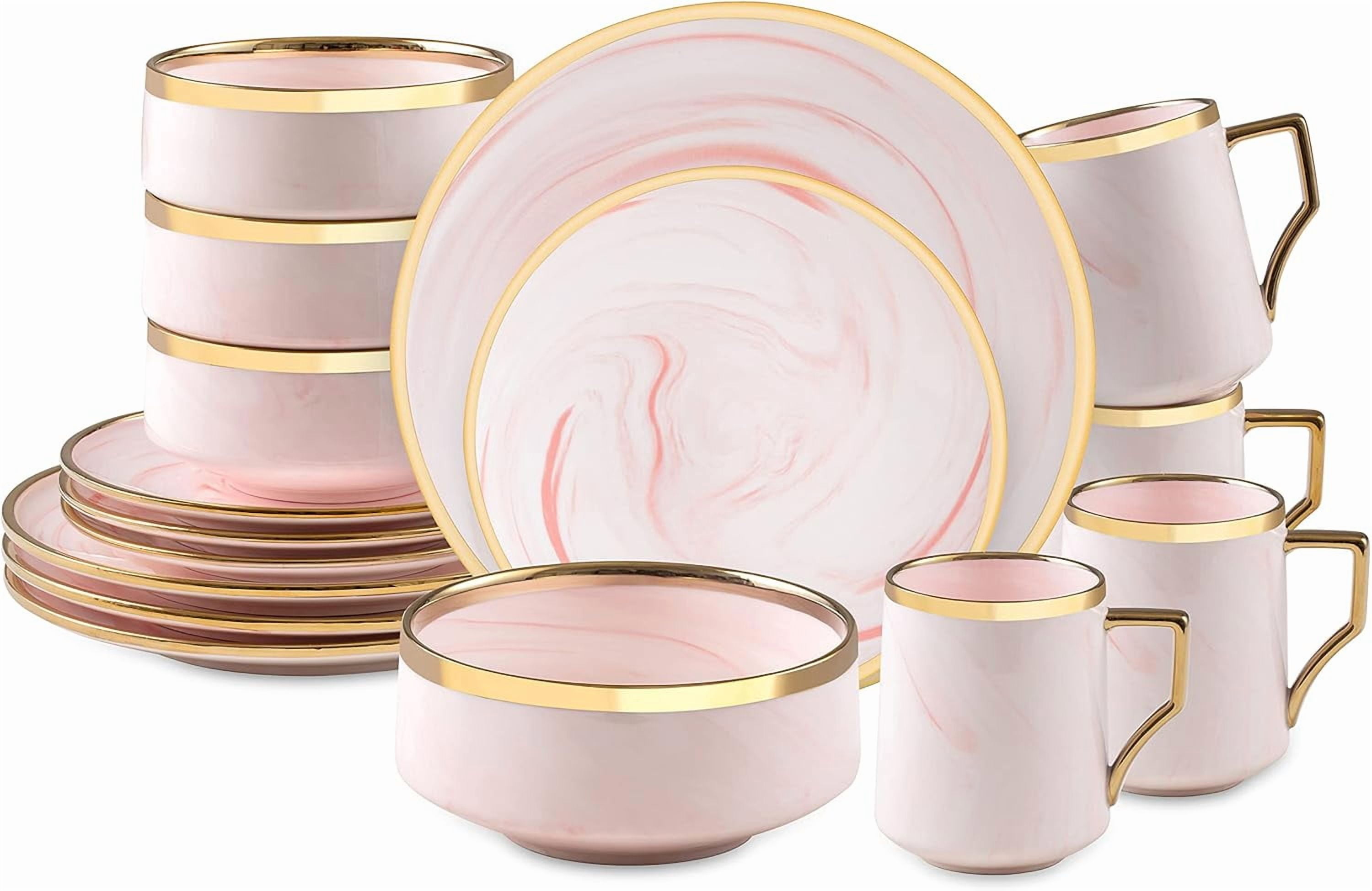 16 Piece Plates and Bowls Sets, Fine China Artisan Marbled Dinner Set ...