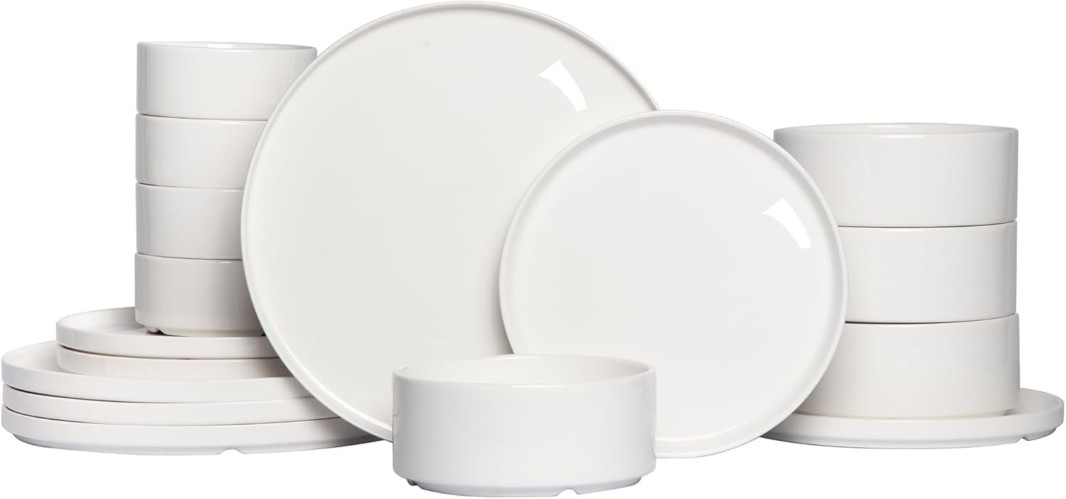 GSHLGAO 16-Piece Porcelain Dinnerware Set, Modern White Dish Set for 4 ...