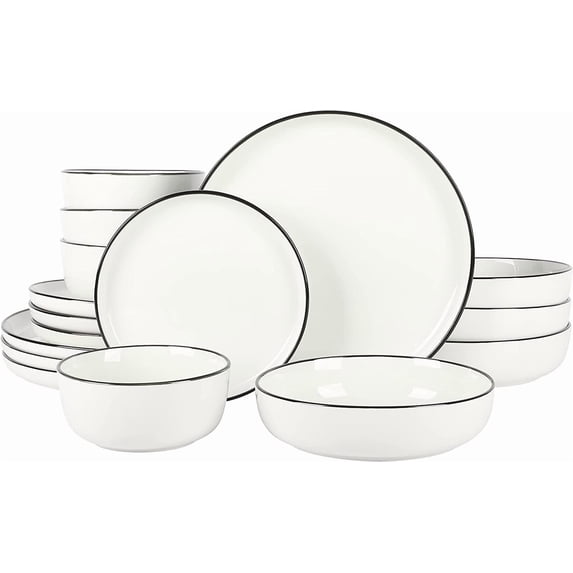16-Piece Porcelain Dinnerware Set Service for 4 White Plates with Black ...