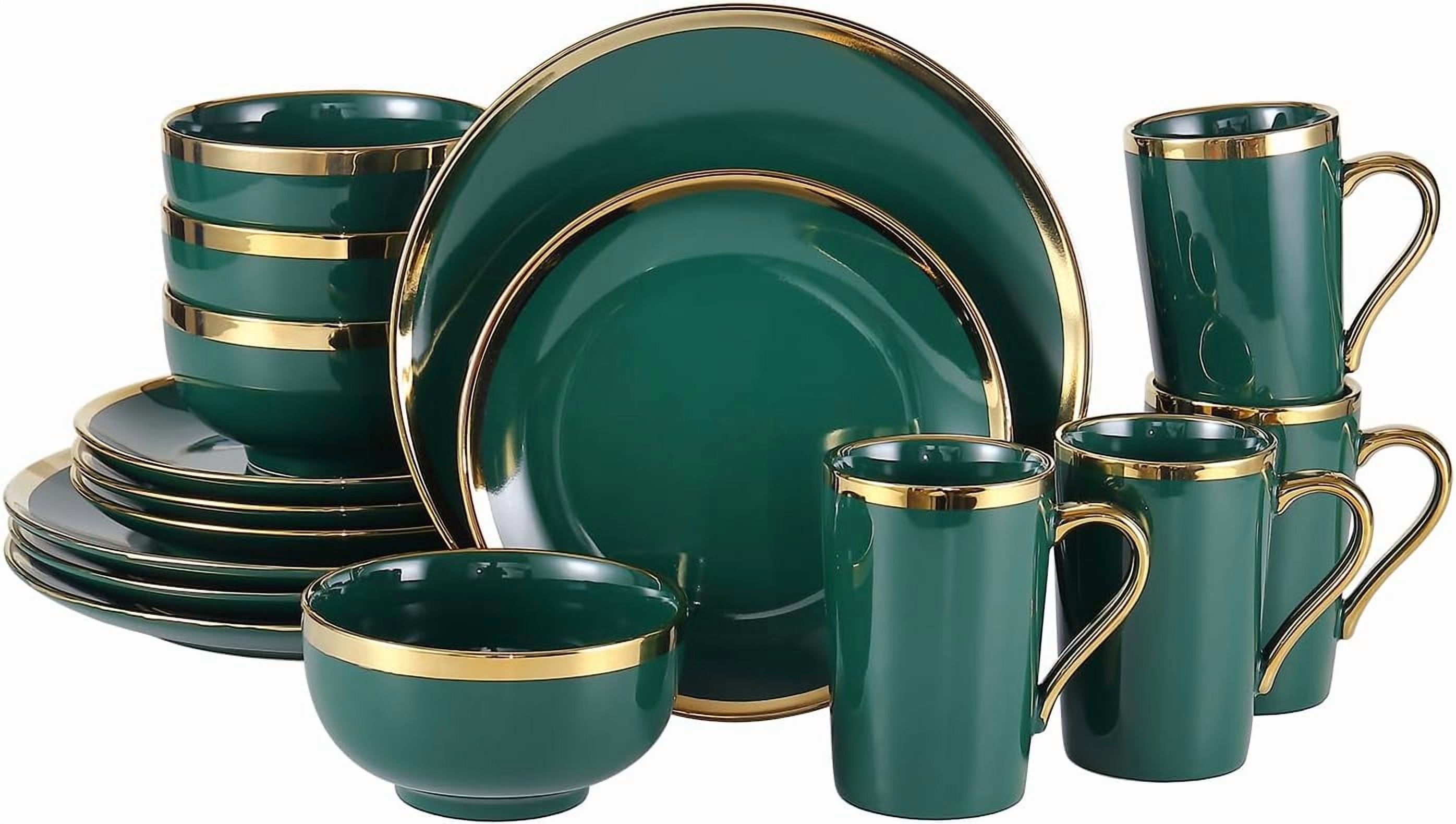 16 Piece Porcelain Green and Gold Dinnerware Set, Stoneware Dinnerware ...