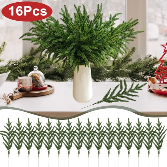 16-Piece Realistic Christmas Greenery Stems - Faux Cedar & Pine Picks ...