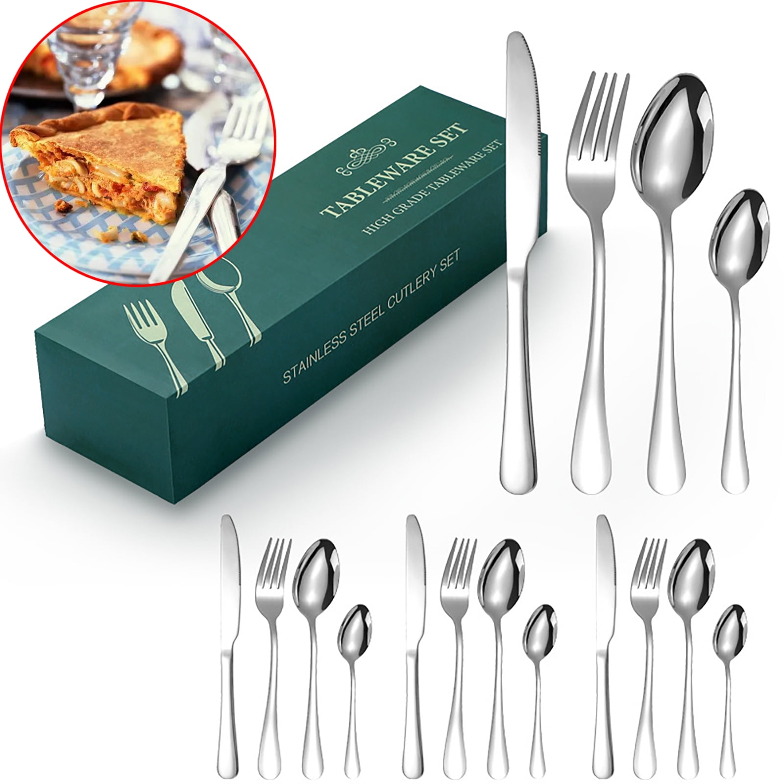 16-Piece Silver Flatware Set with Steak Knives 1010 Stainless Steel ...