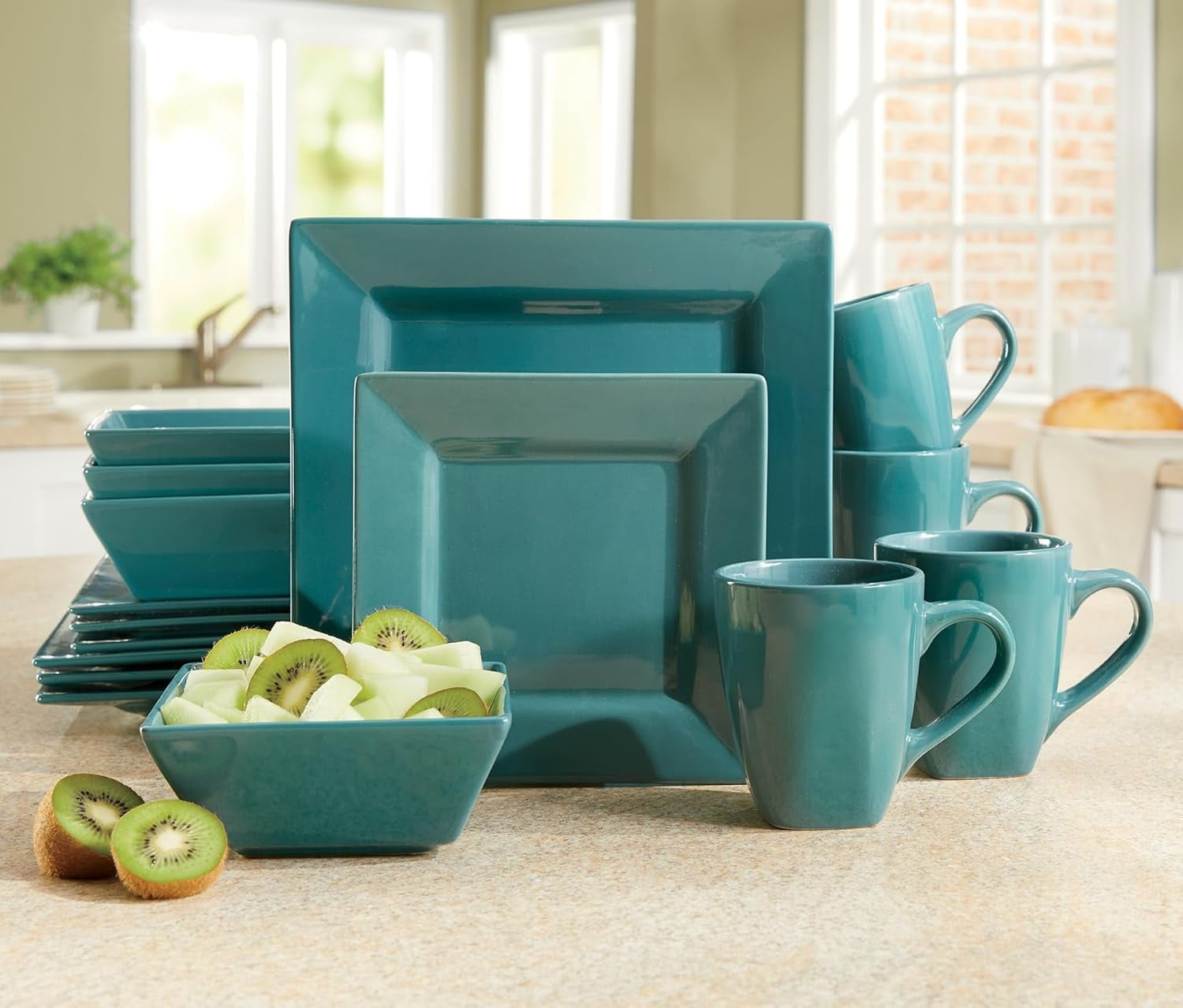 16-Piece Sleek Island Blue Square Dinnerware Set for 4 - Modern ...