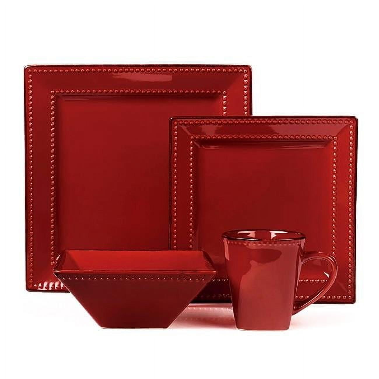 16 Piece Square Beaded Stoneware Dinnerware Set, Red - Walmart.com