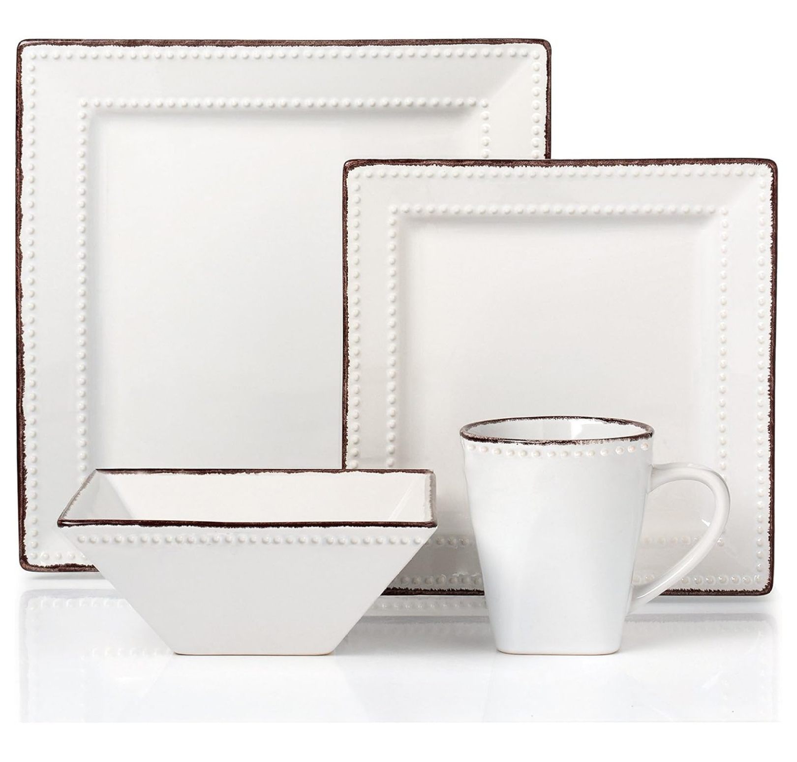 16 Piece Square Beaded Stoneware Dinnerware set by Lorren Home , White ...
