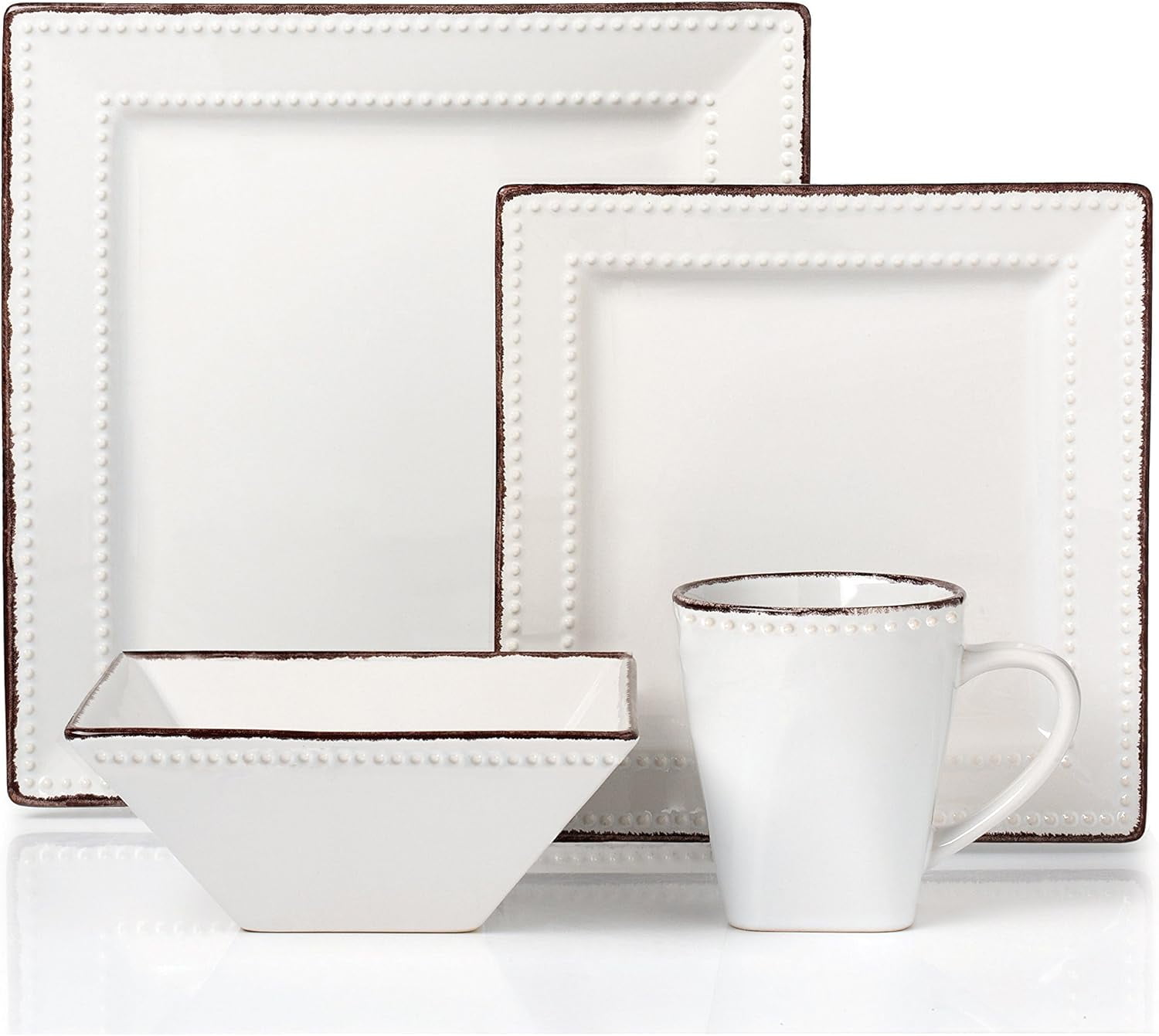 16 Piece Square Beaded Stoneware Dinnerware set by s, White - Walmart.com