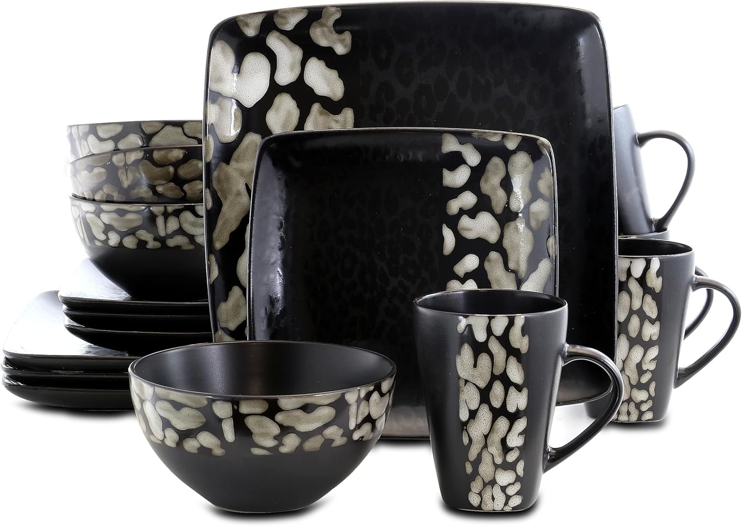 16 Piece Square Stoneware Pattern Dinnerware Set with Matte Black and ...