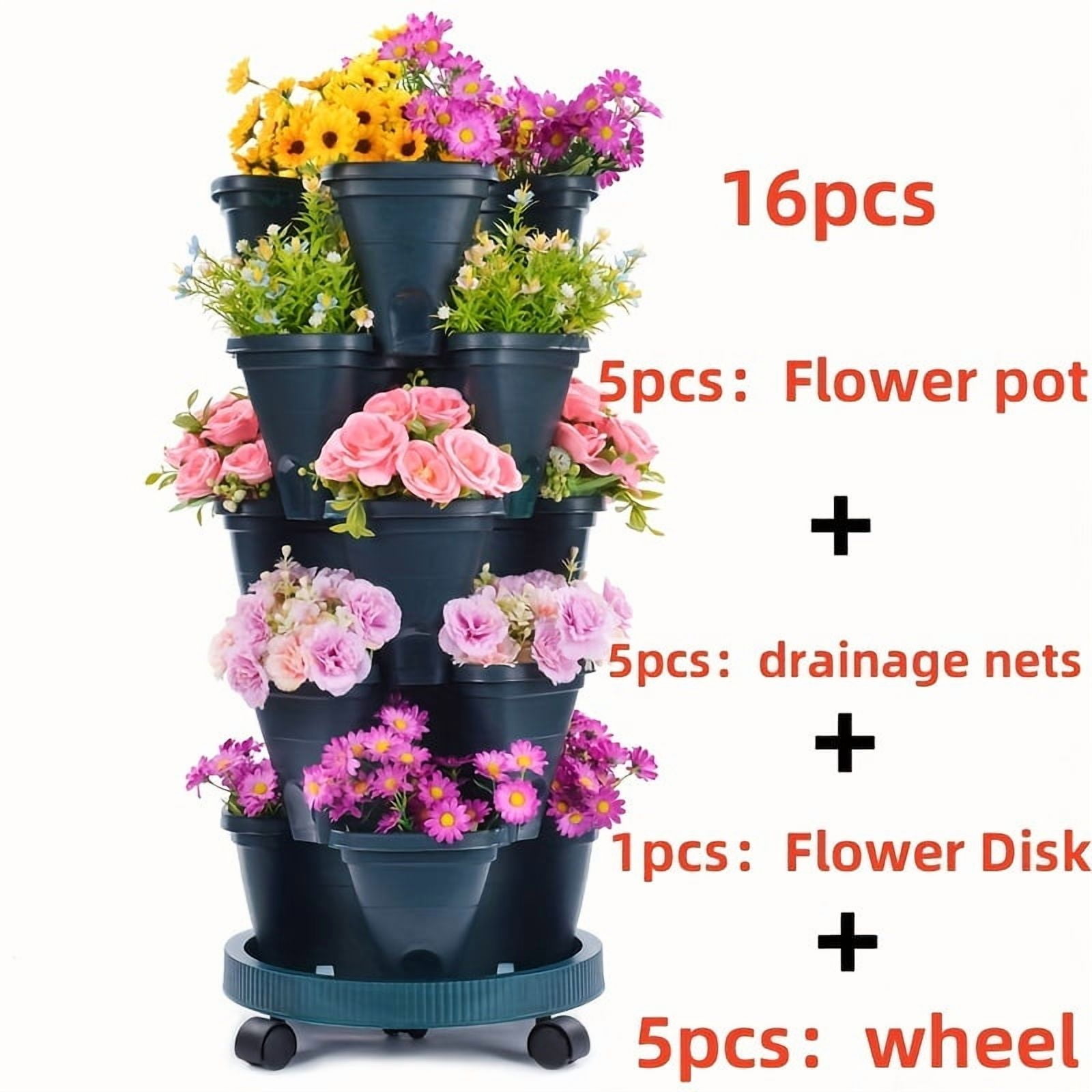 16-Piece Stackable Vertical Garden Planter - 5-Tier for Flowers, Herbs ...