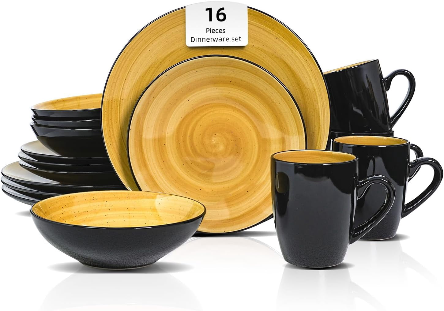 16 Piece Stoneware Dinner Set, Outside Black + Inside Handpainted Color ...