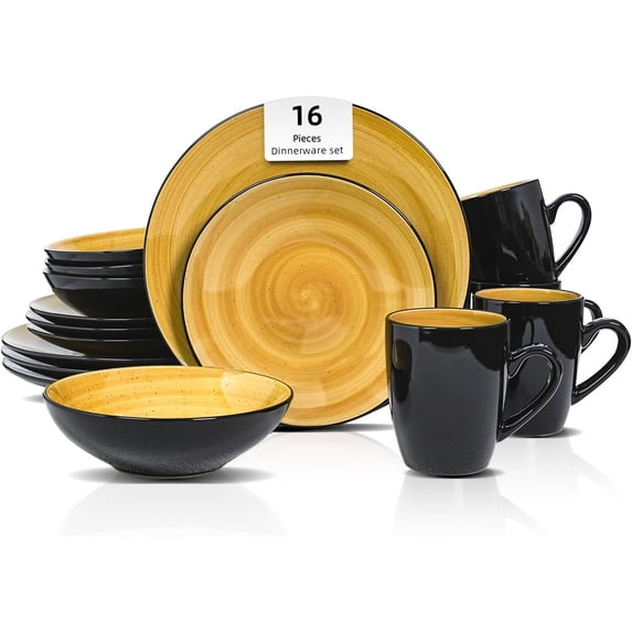 16 Piece Stoneware Dinner Set, Outside Black + Inside Handpainted Color ...