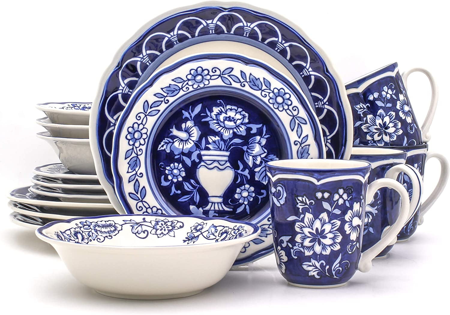 16-Piece Stoneware Dinnerware Set for 4, Oven-Safe Hand-Painted Floral ...