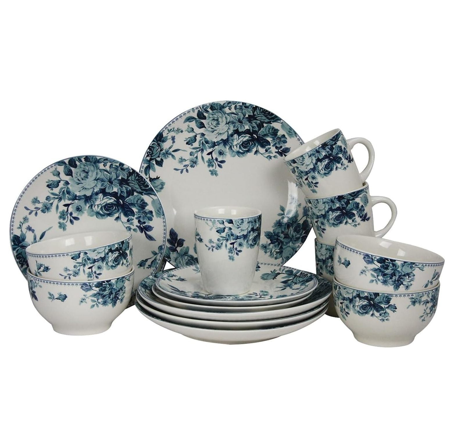 16 Piece Traditional Rose Dinnerware Set, Blue - Walmart.com