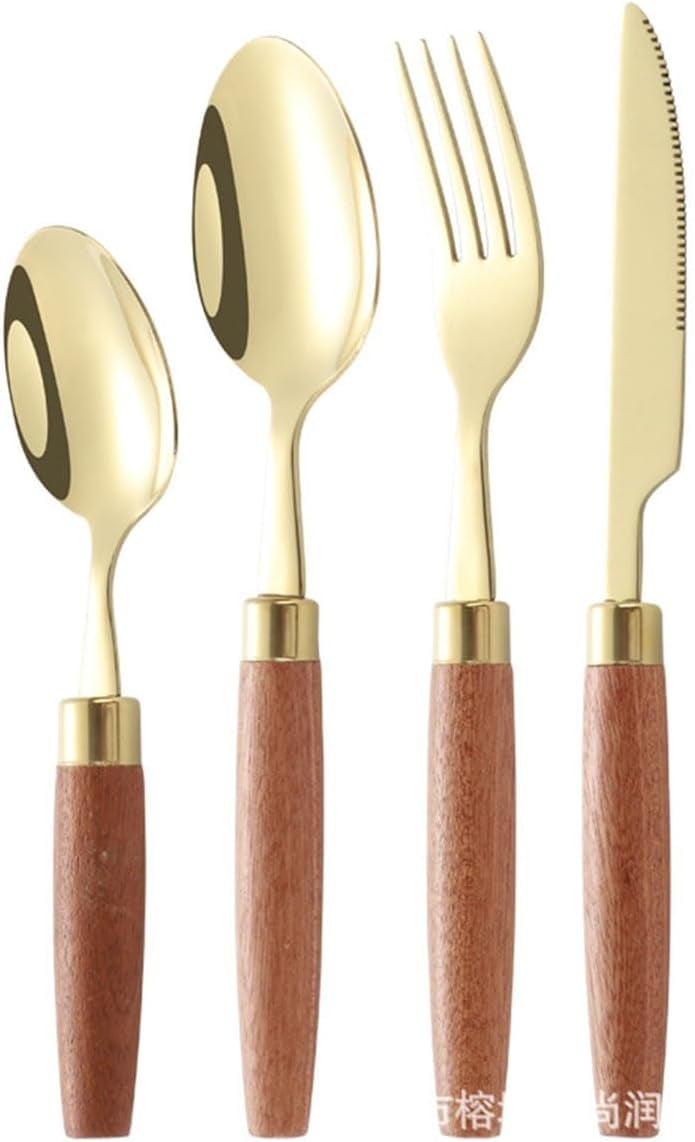 16 Piece Wooden Handle Silverware Set Gold Cutlery Set for 6 Cutlery ...