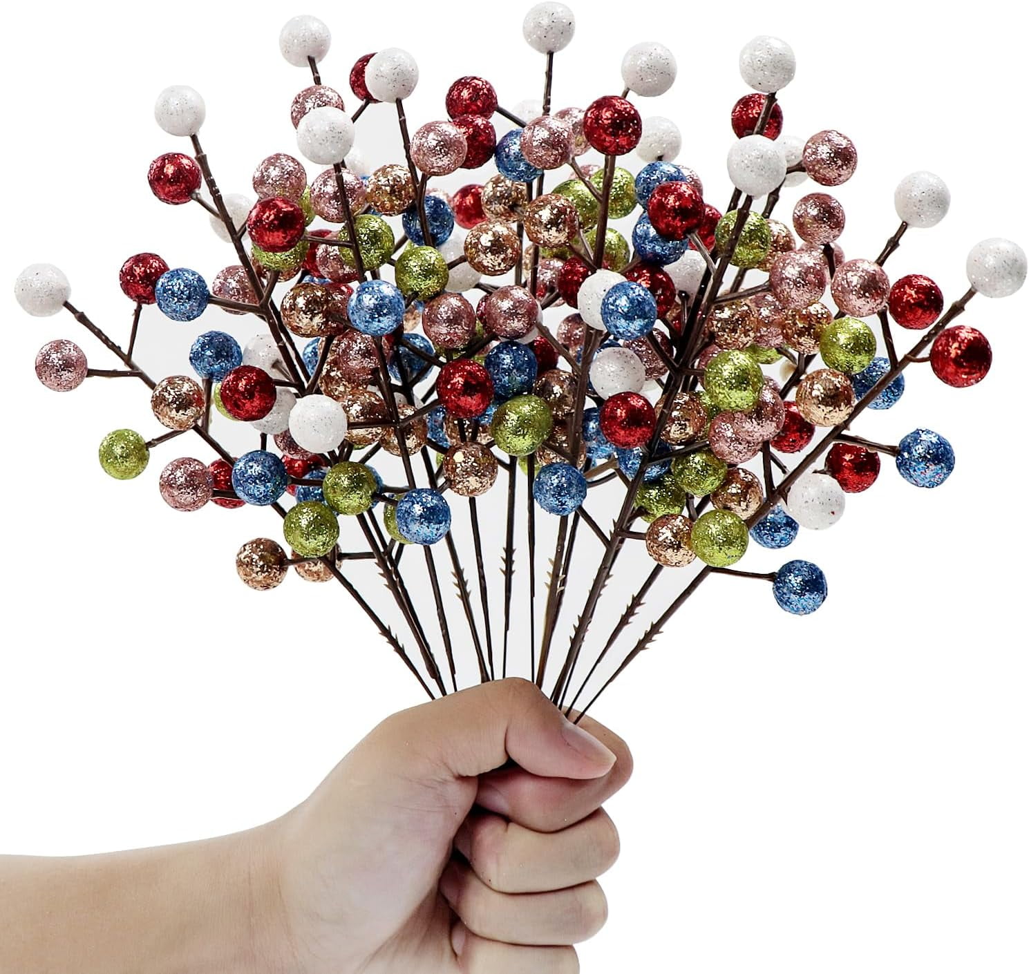 16 Pieces Artificial Glitter Berries Stems, 9Inch Frosted Christmas ...