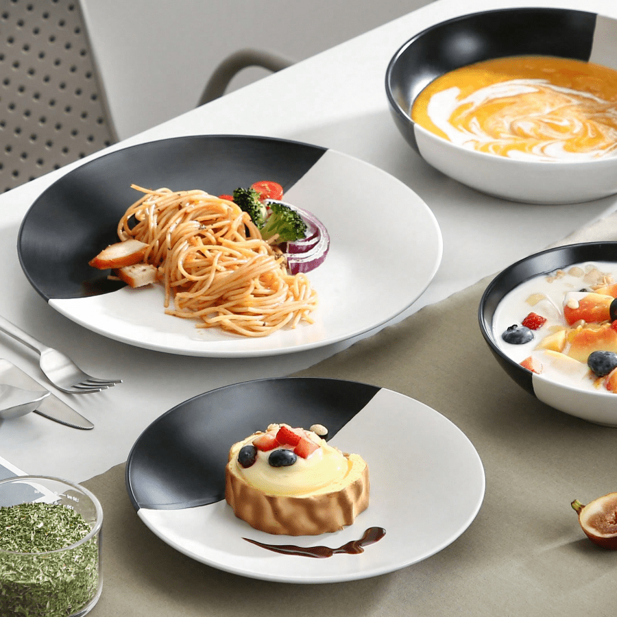 16 Pieces Dinnerware Set, Porcelain Dinnerware, Black With White ...