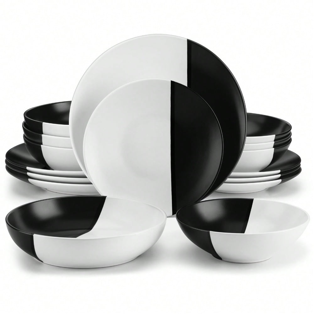 16 Pieces Dinnerware Set, Porcelain Dinnerware, Black With White ...