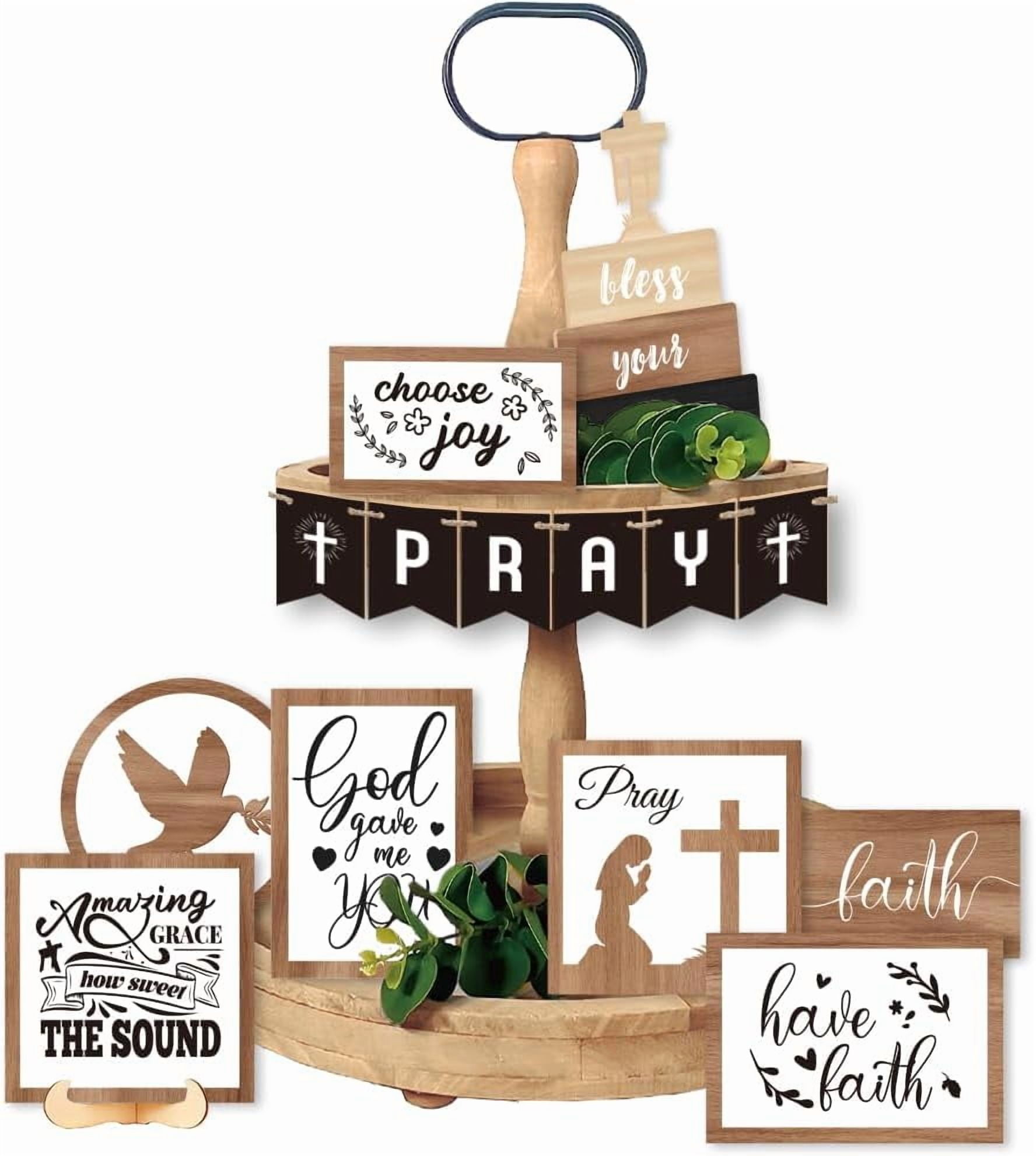 16 Pieces Faith Tiered Tray Decor Rustic Farmhouse Tabletop Signs ...