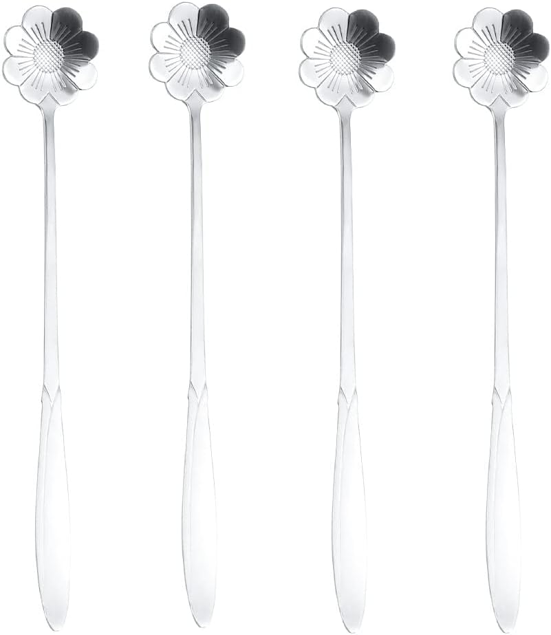 16 Pieces Flower Spoon Coffee Teaspoon 7 Inch Stainless Steel Long ...