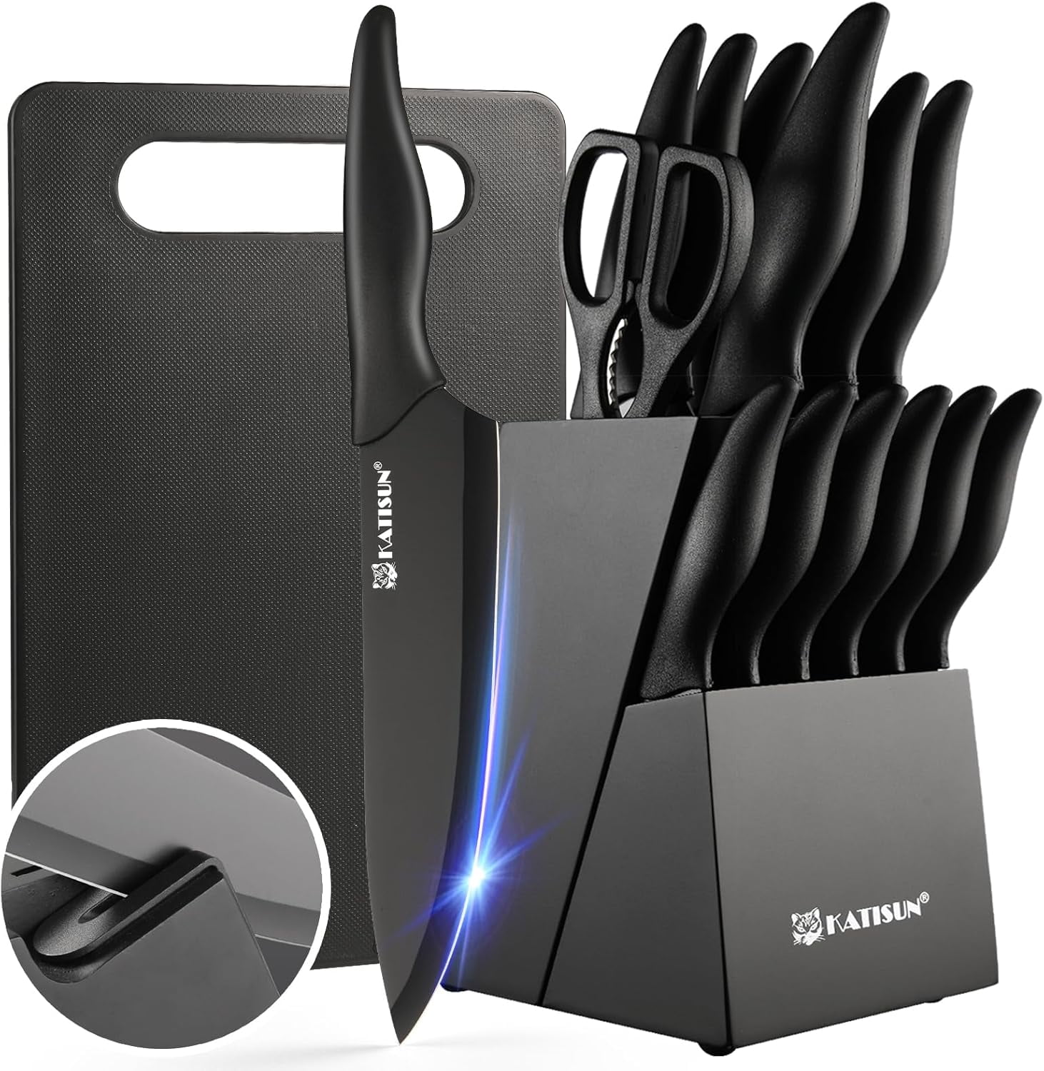 16 Pieces Kitchen Knife Block Set with Cutting Board, German Stainless ...