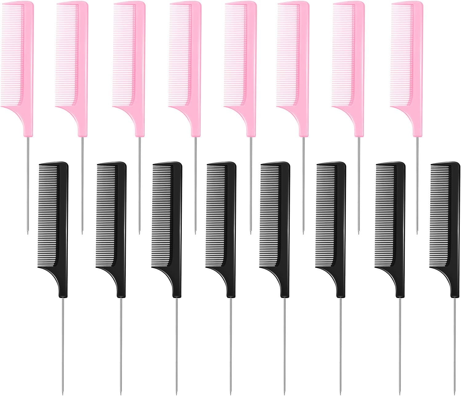 16 Pieces Metal Rat Tail Combs Black Pink Pintail Hair Combs Salon ...