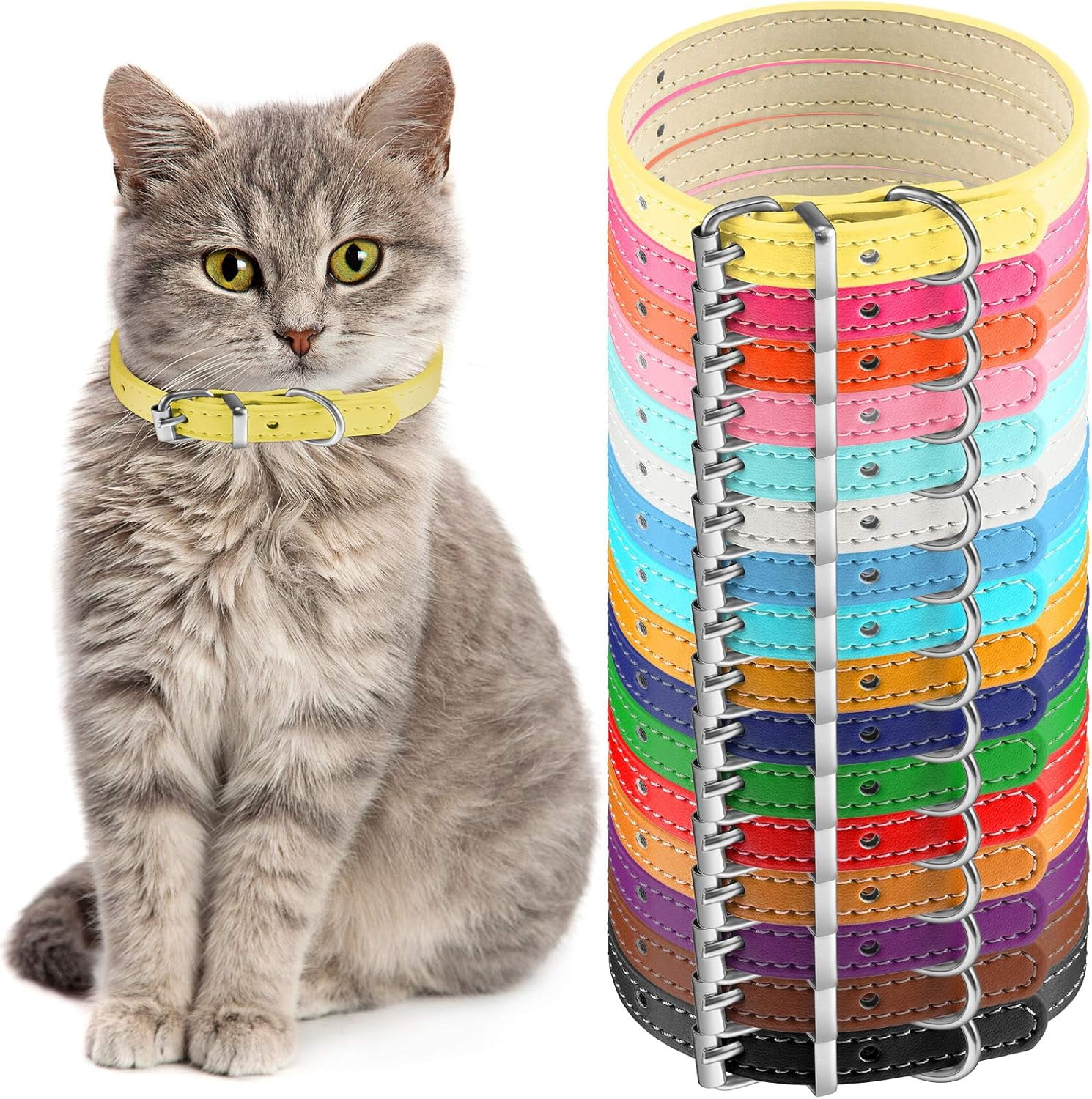 16 Pieces PU Puppy Cat Collar Leather Adjustable Big Cat Collar Small ...