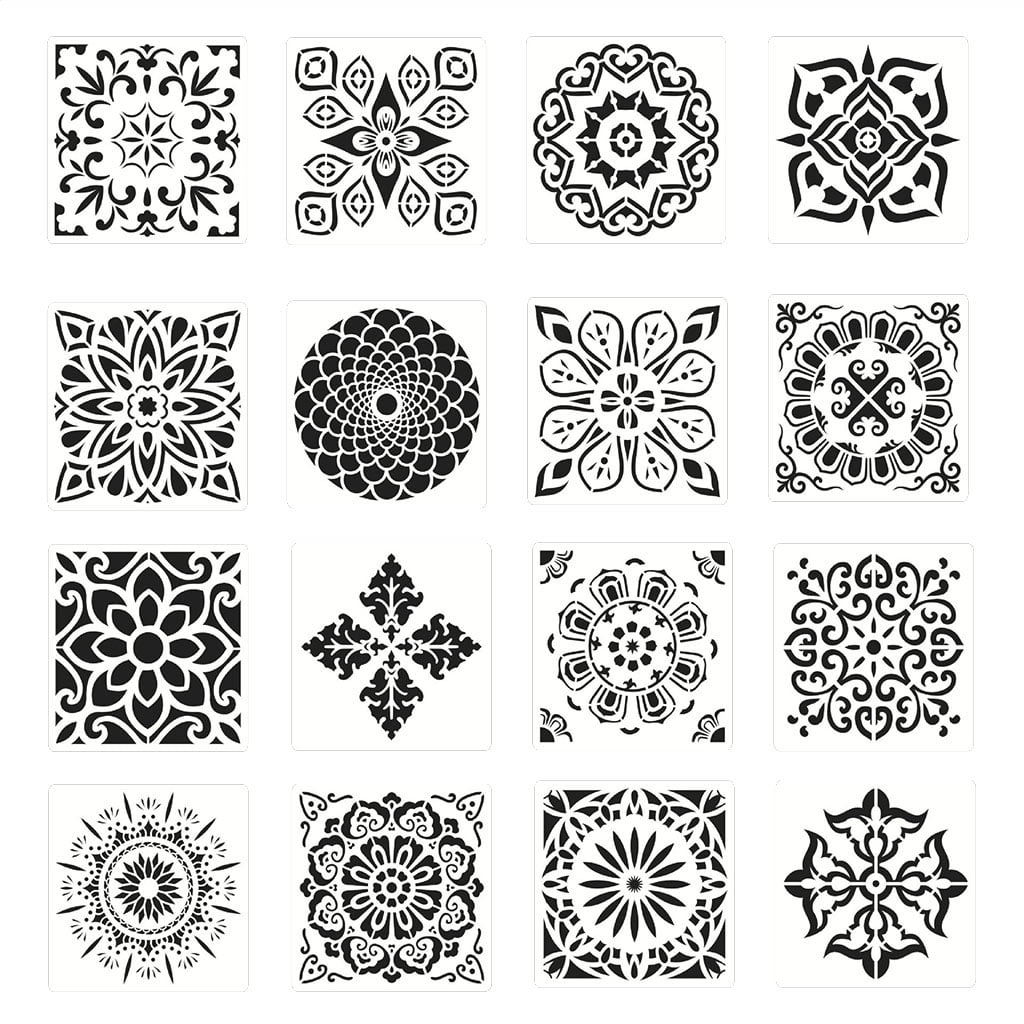 16 Pieces Painting Template Reusable Mandala Templates Floor Wall Tile ...