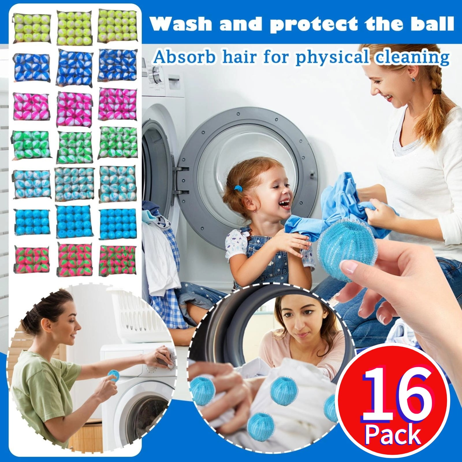 16 Pieces Pet Hair Remover for Laundry Dryer Balls Reusable Washing ...