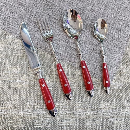 16 Pieces Red Gum Wood Handle Silverware Set for 4, Exquisite Ergonomic ...