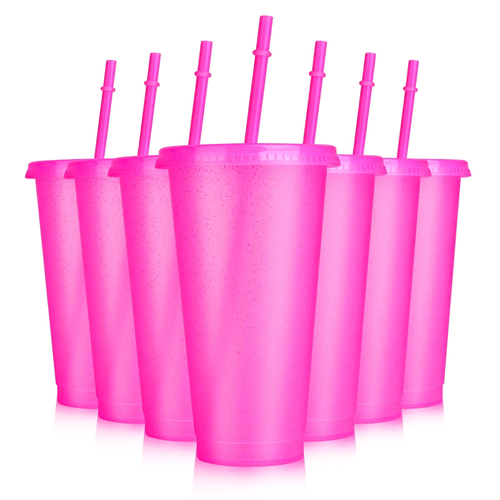 16 Pieces Reusable Cups with Lids and Straws, 24 oz Glitter Plastic ...