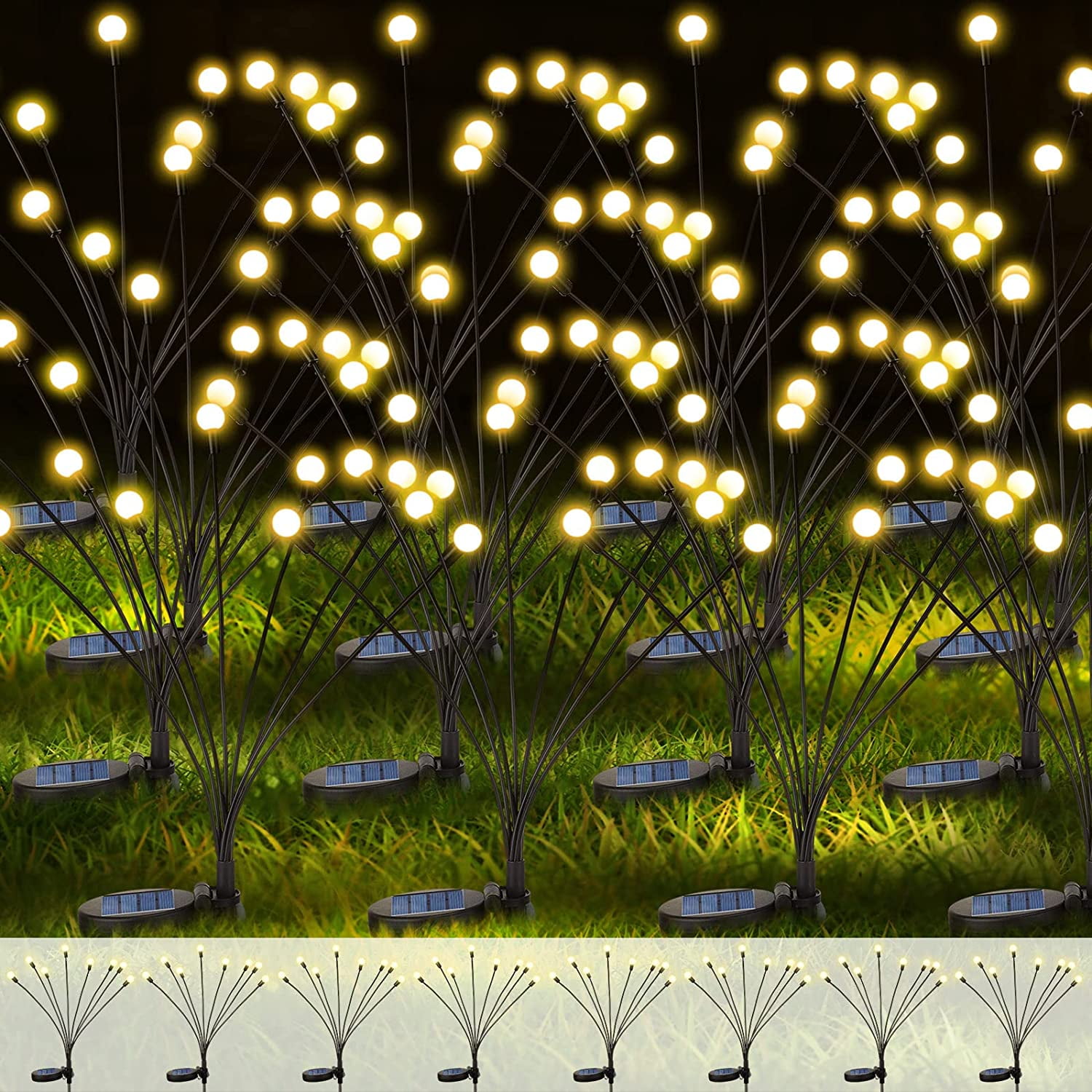 16 Pieces Solar Firefly Outdoor Waterproof Lights 8 LED Solar Powered ...