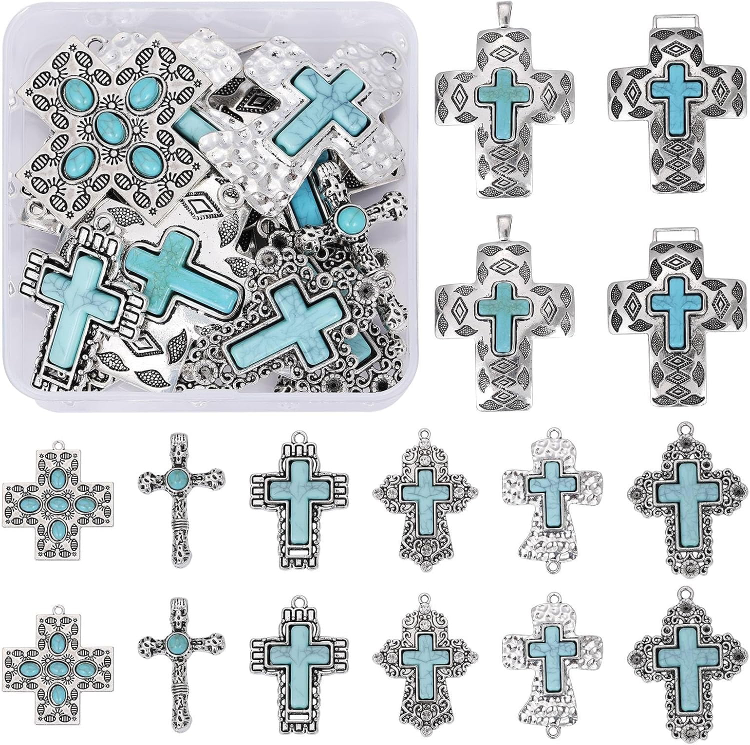 16 Pieces Turquoise Cross Charm Pendant Tibetan Style Cross Charms ...