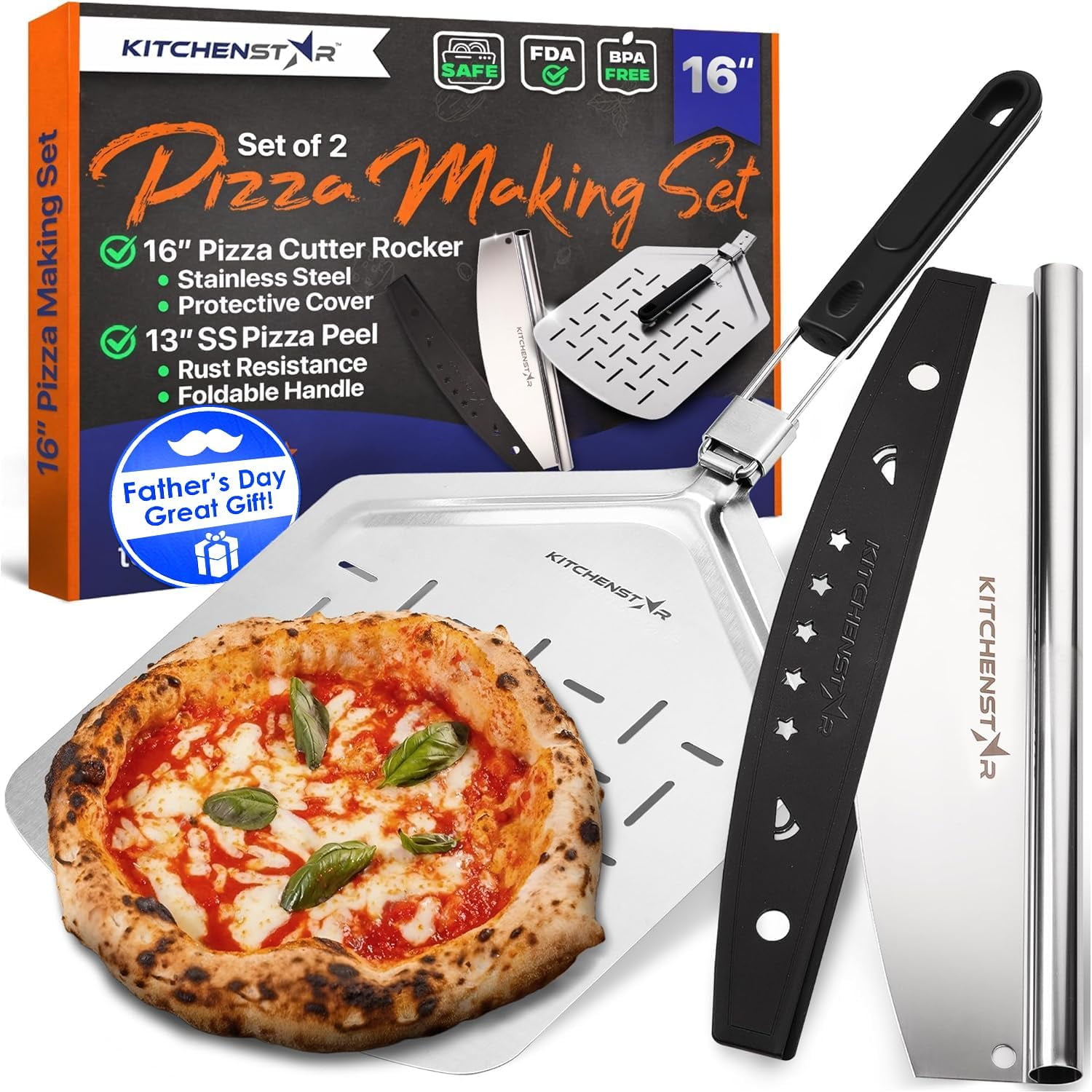 16" Pizza Making Kit (Set of 2) - 16" Pizza Cutter Rocker Knife with ...