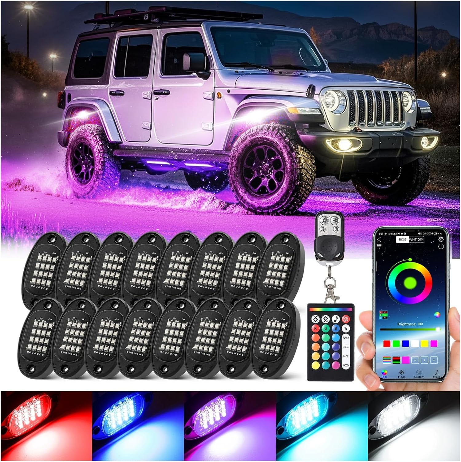 16 Pods Rock Lights with Extension Wires, Multicolor Underglow Kit for ...