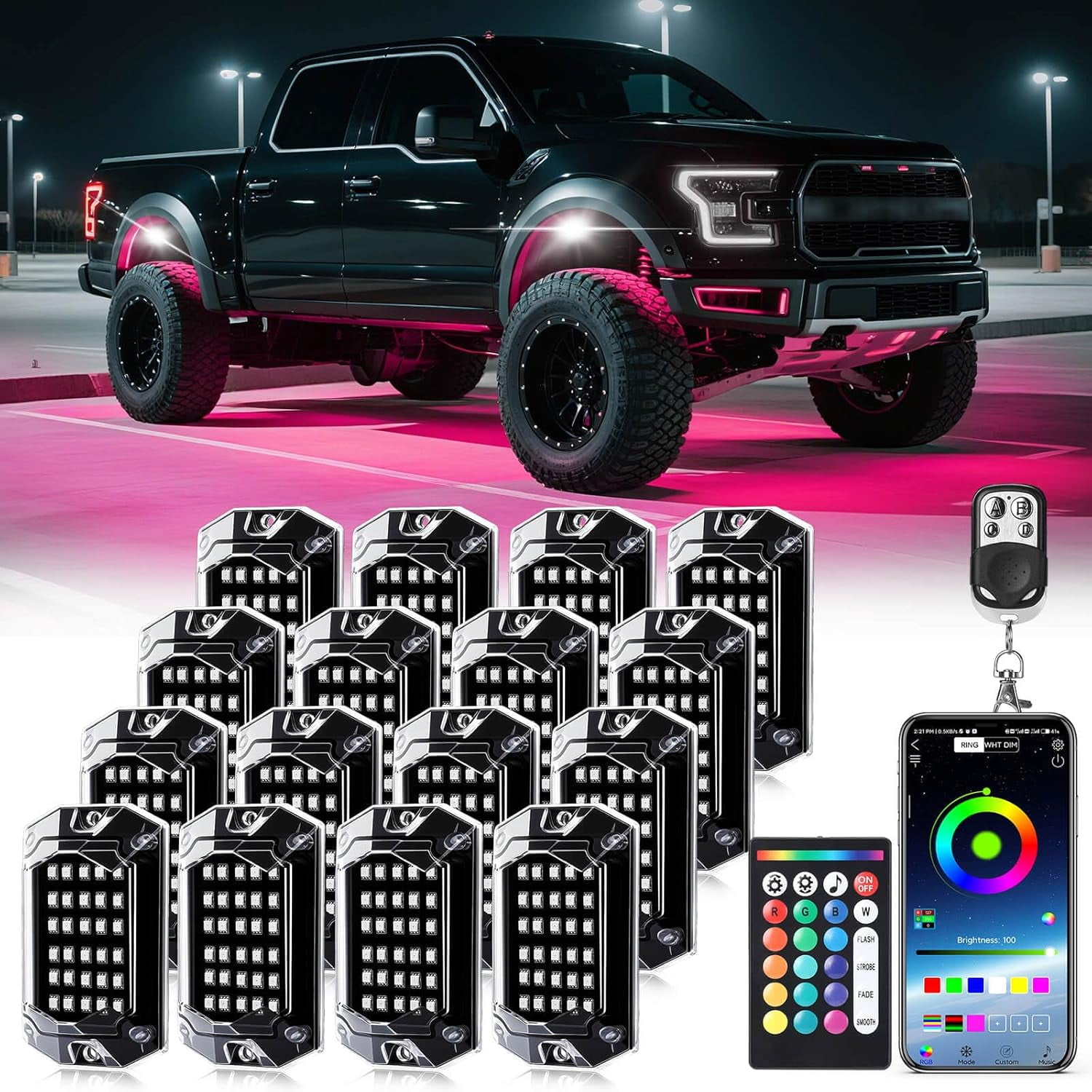 16 Pods Rock Lights for Offroad Pickup Trailer Sedan SUV , Multicolor ...