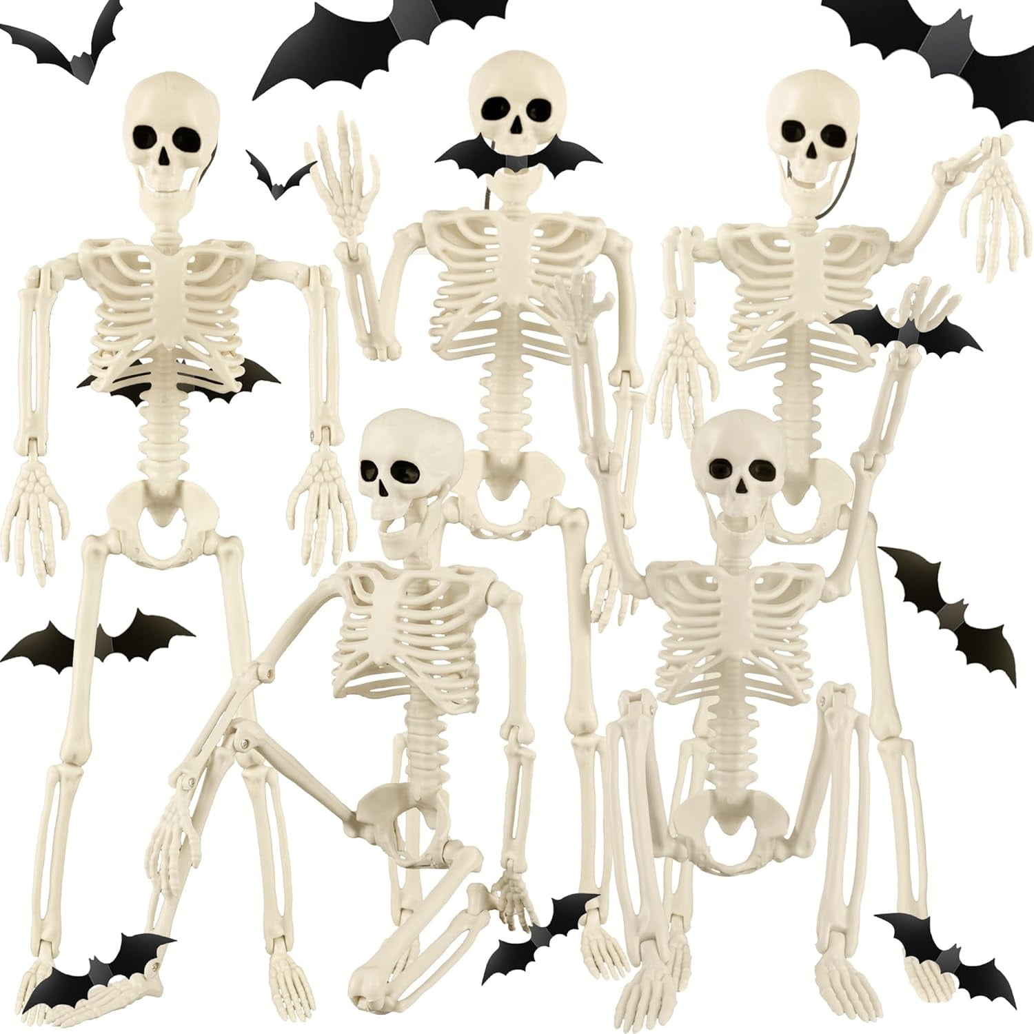 16" Posable Small Halloween Skeleton Decor 5 Pack with 12 Bats - Full ...