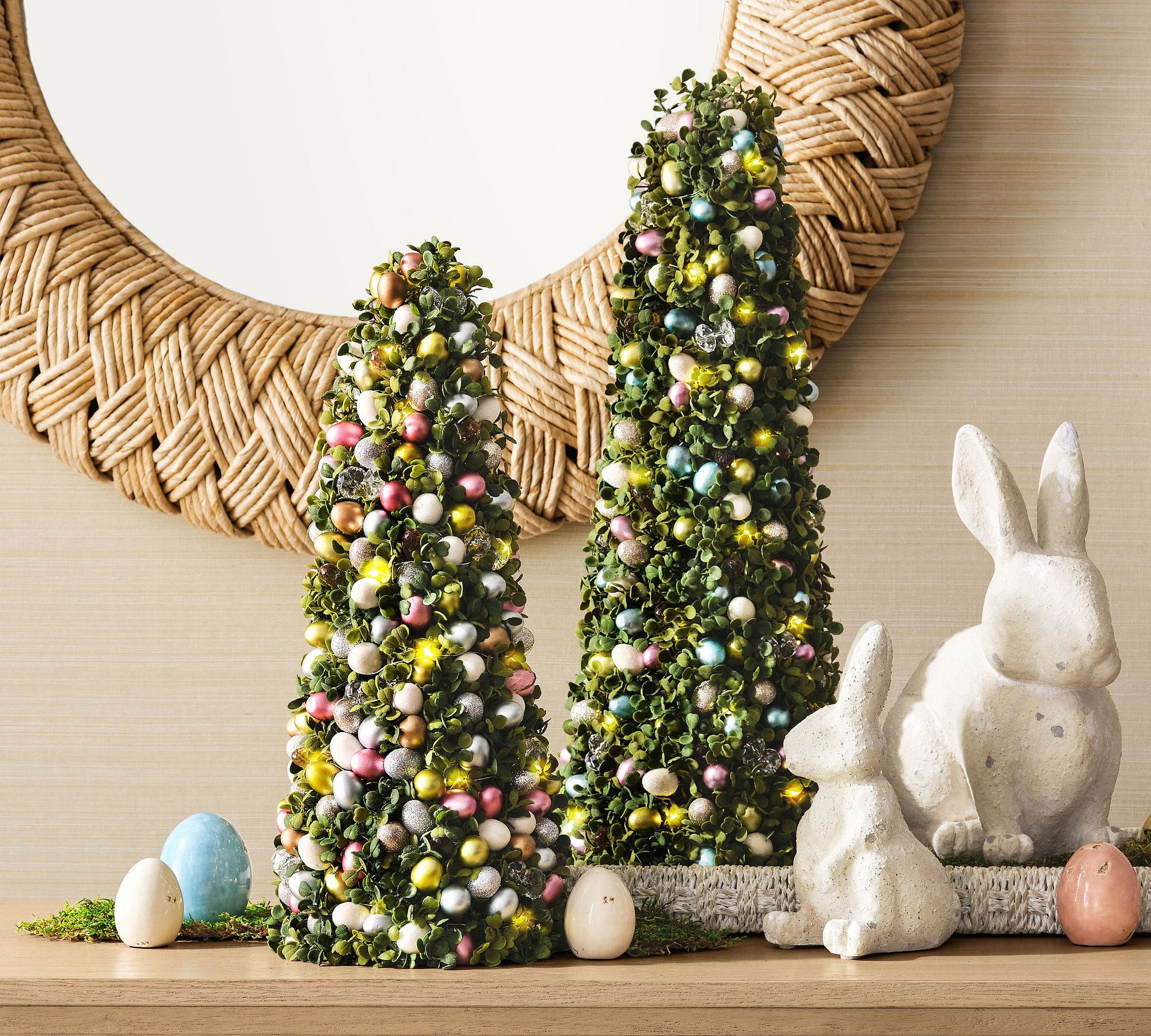 16" Pre-Lit Artificial Boxwood Easter Egg Tree with Pastel Baubles ...
