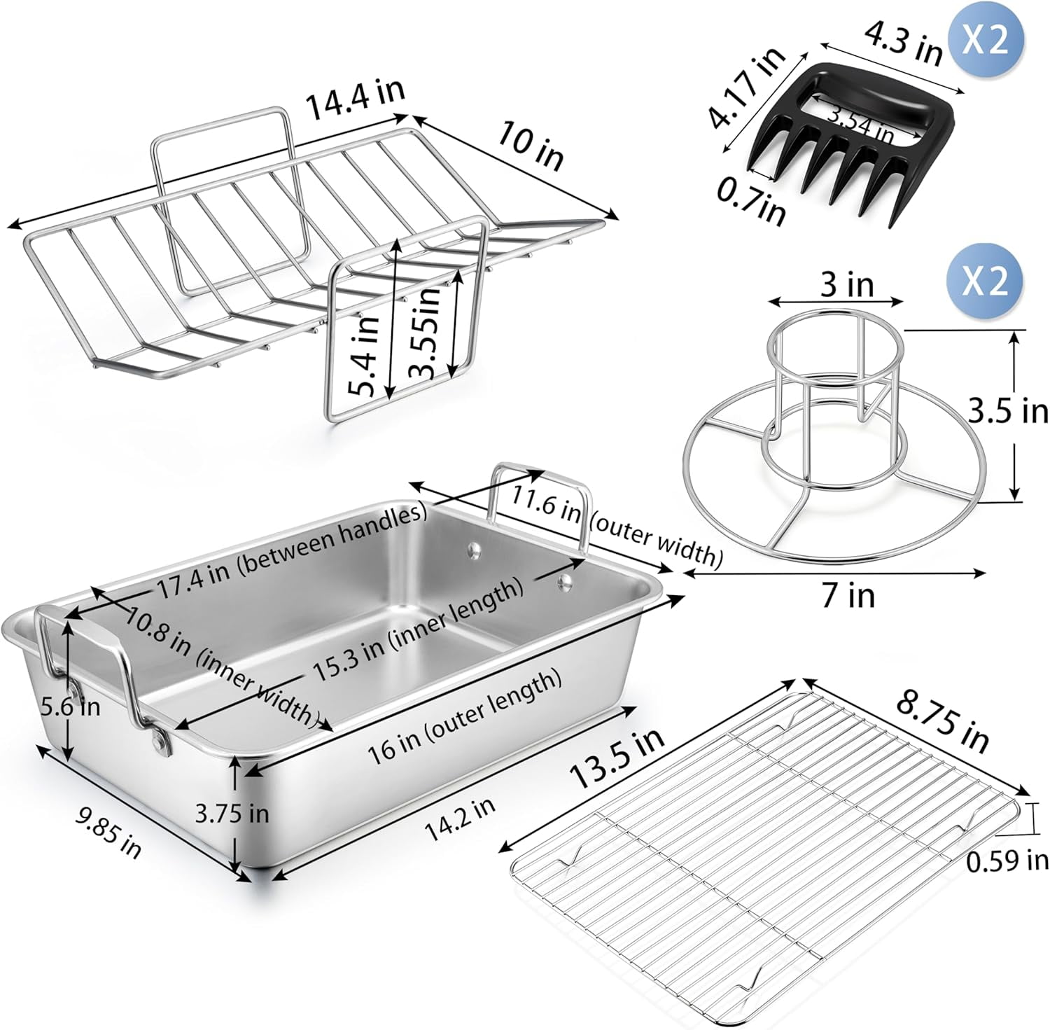 16" Roasting Pan with Rack, 7 PCS Stainless Steel Turkey Roaster ...