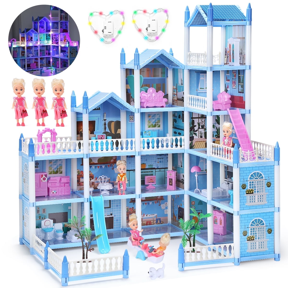EagleStone W9-CS862-16-BU 16 Rooms Huge Dollhouse With 3 Dolls, Blue ...