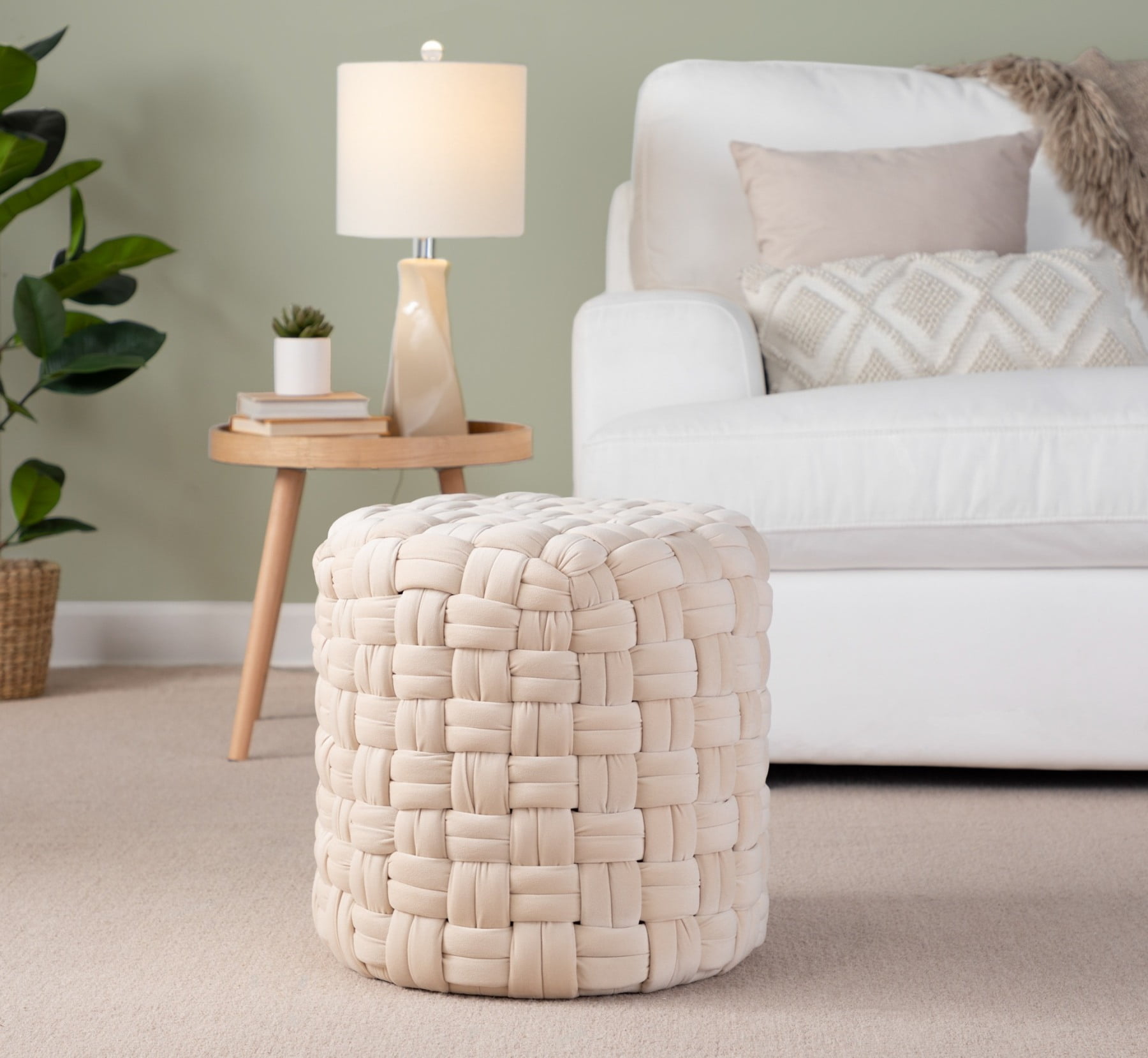 16" Round Ottoman Velvet Braided Ottoman Tufted Upholstered Footrest ...
