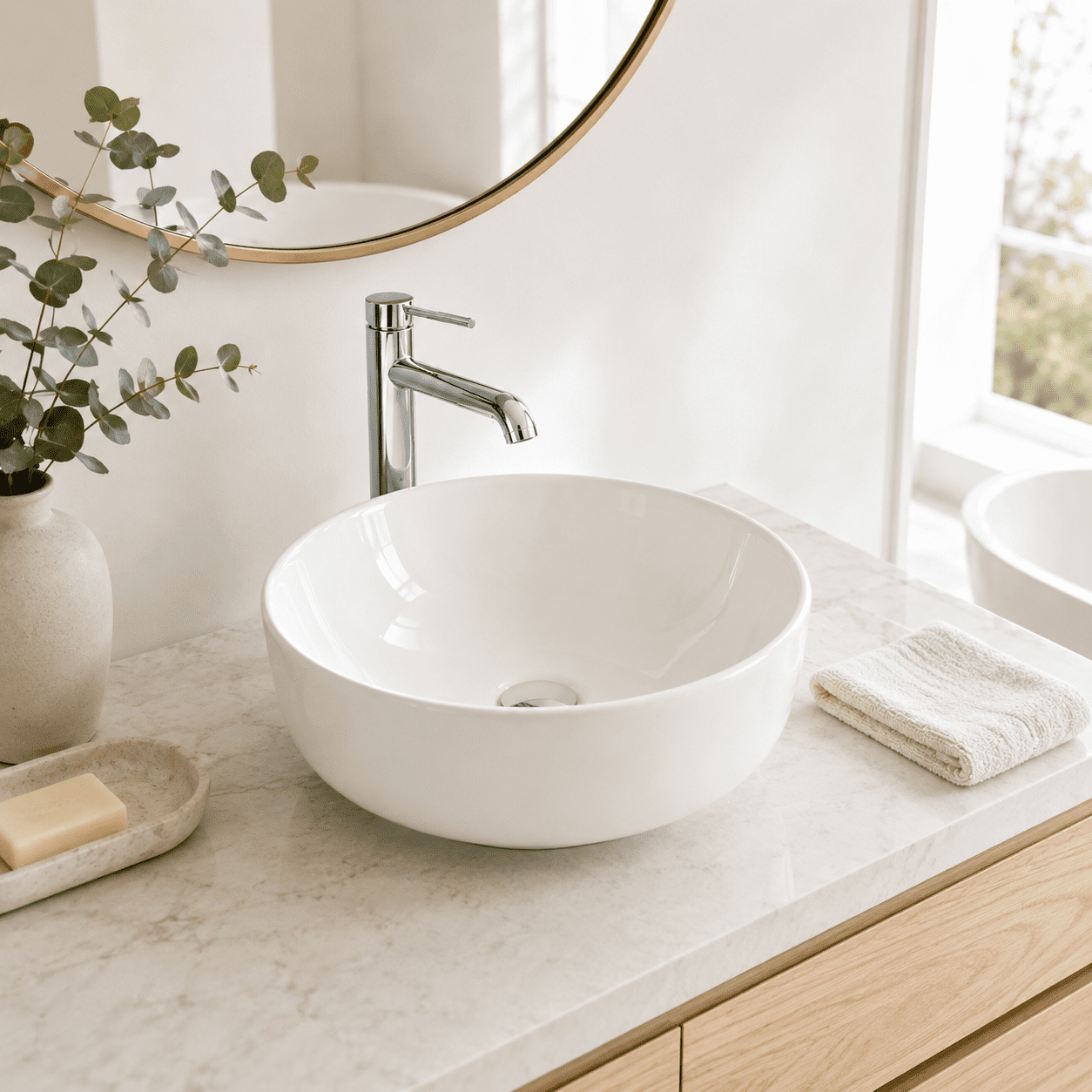 16" Round Porcelain Vessel Sink, Pop-Up Drain, Above Counter ...