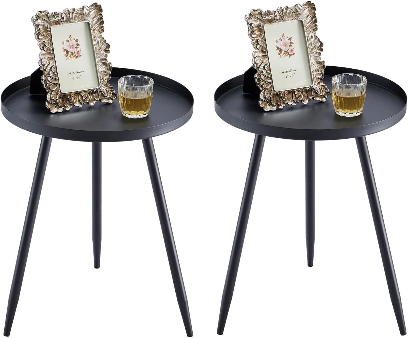 16" Round Side Table Set of 2, Black Metal End Table for Living Room ...