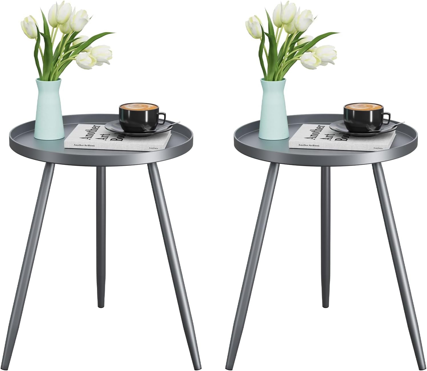 16" Round Side Table Set of 2, Metal End Table for Living Room, Bedroom ...