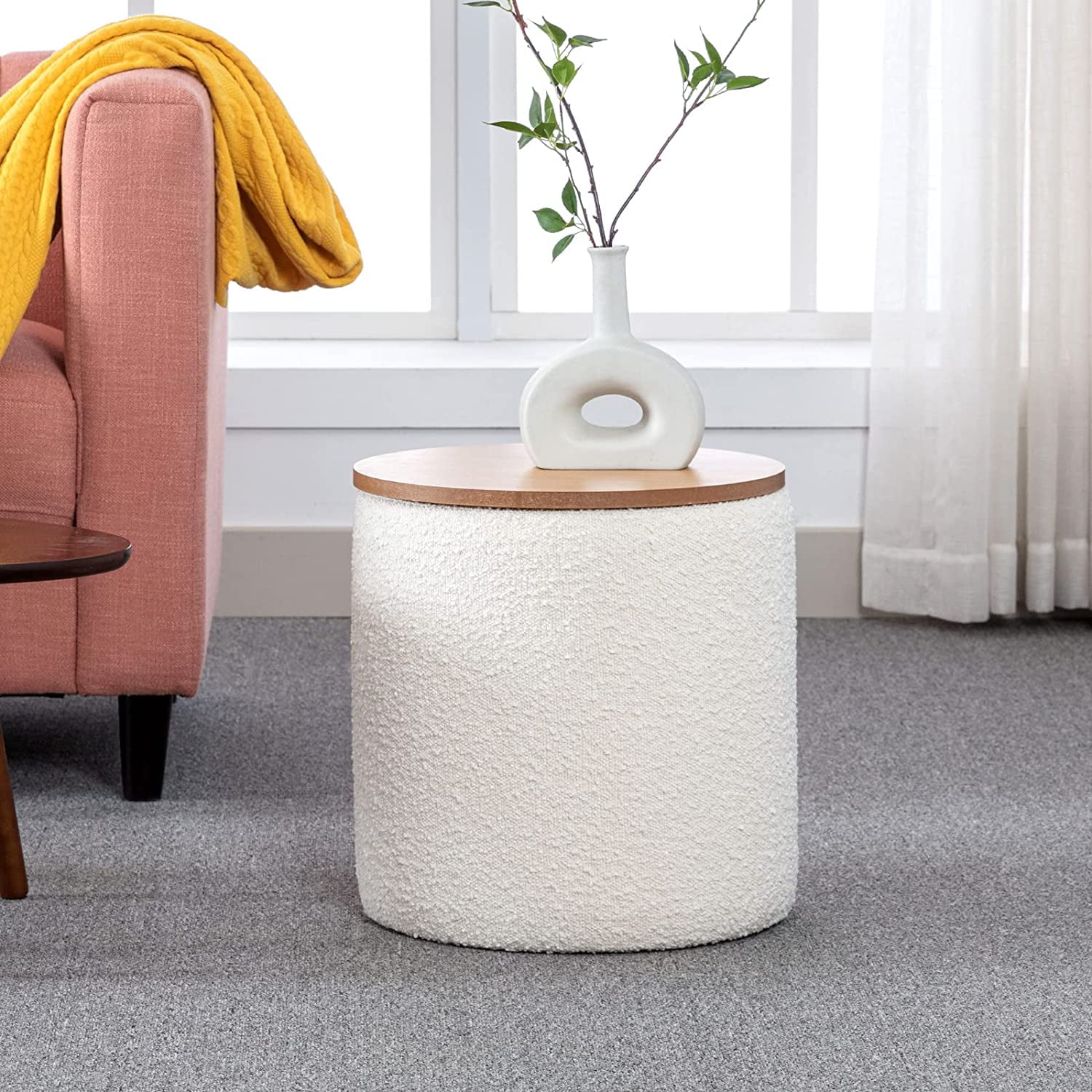 16'' Round Storage Ottoman Coffee Table, Sherpa Boucle Fabric Foot ...