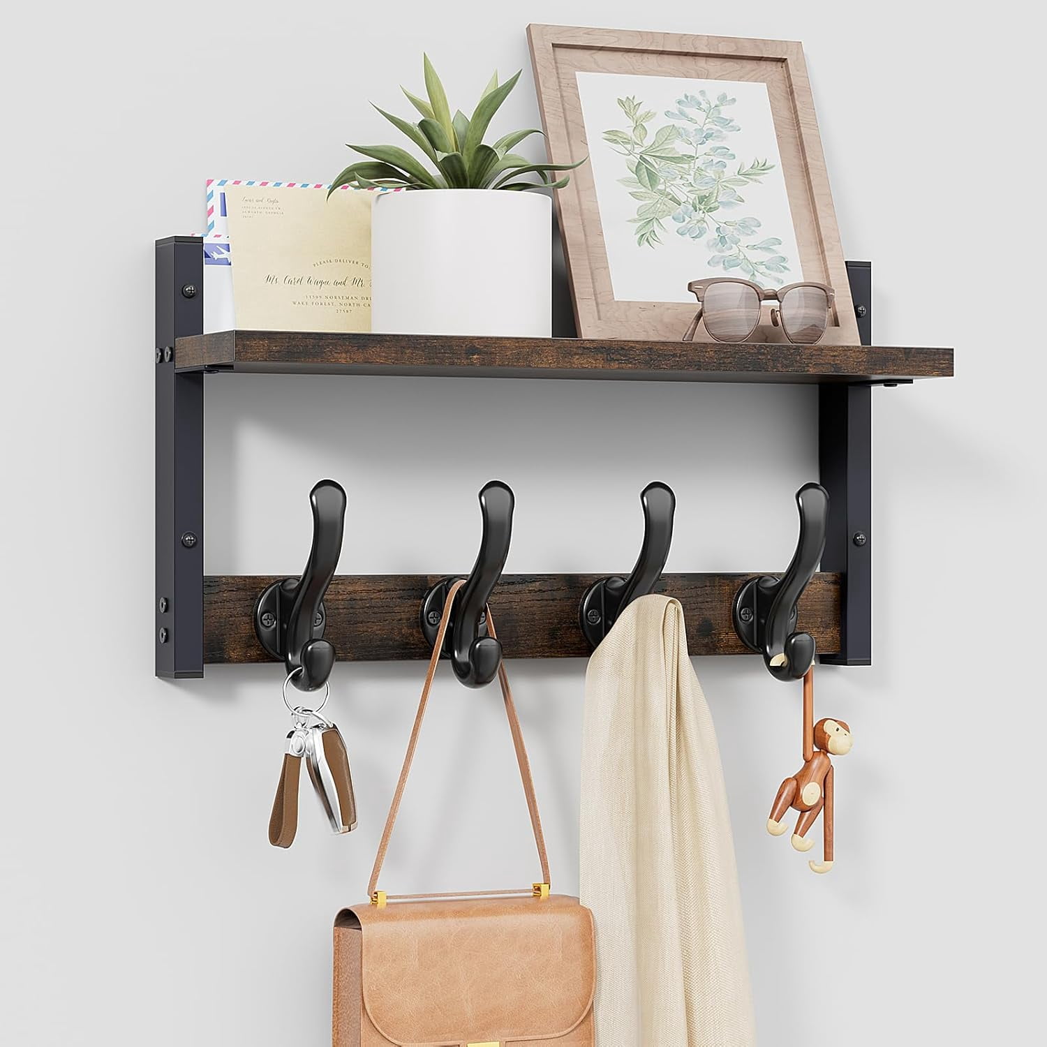16" Rustic Coat Rack Wall Mount with Shelf, Wall Hooks with Shelf ...